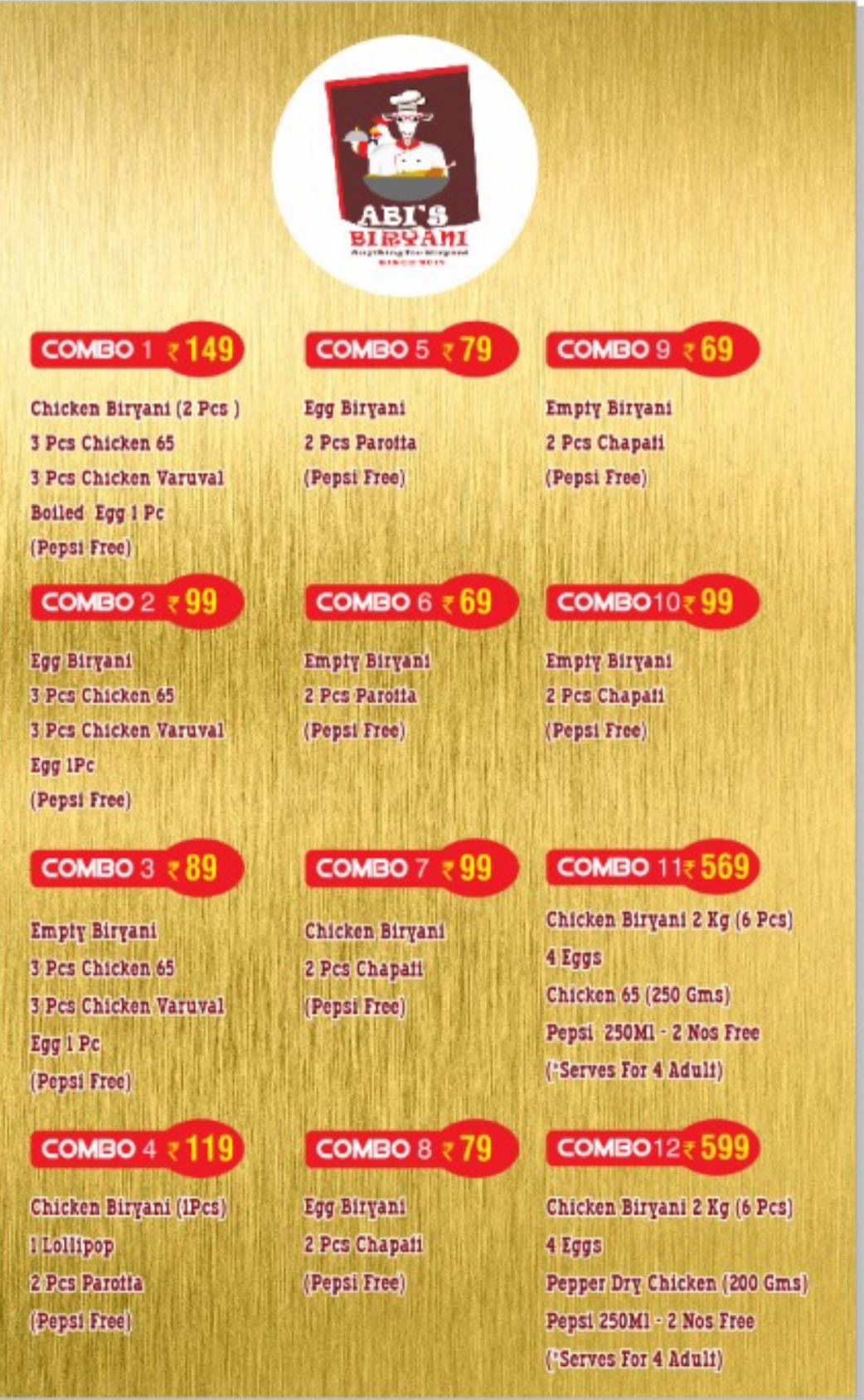 Menu at Sri Abis Biryani, India