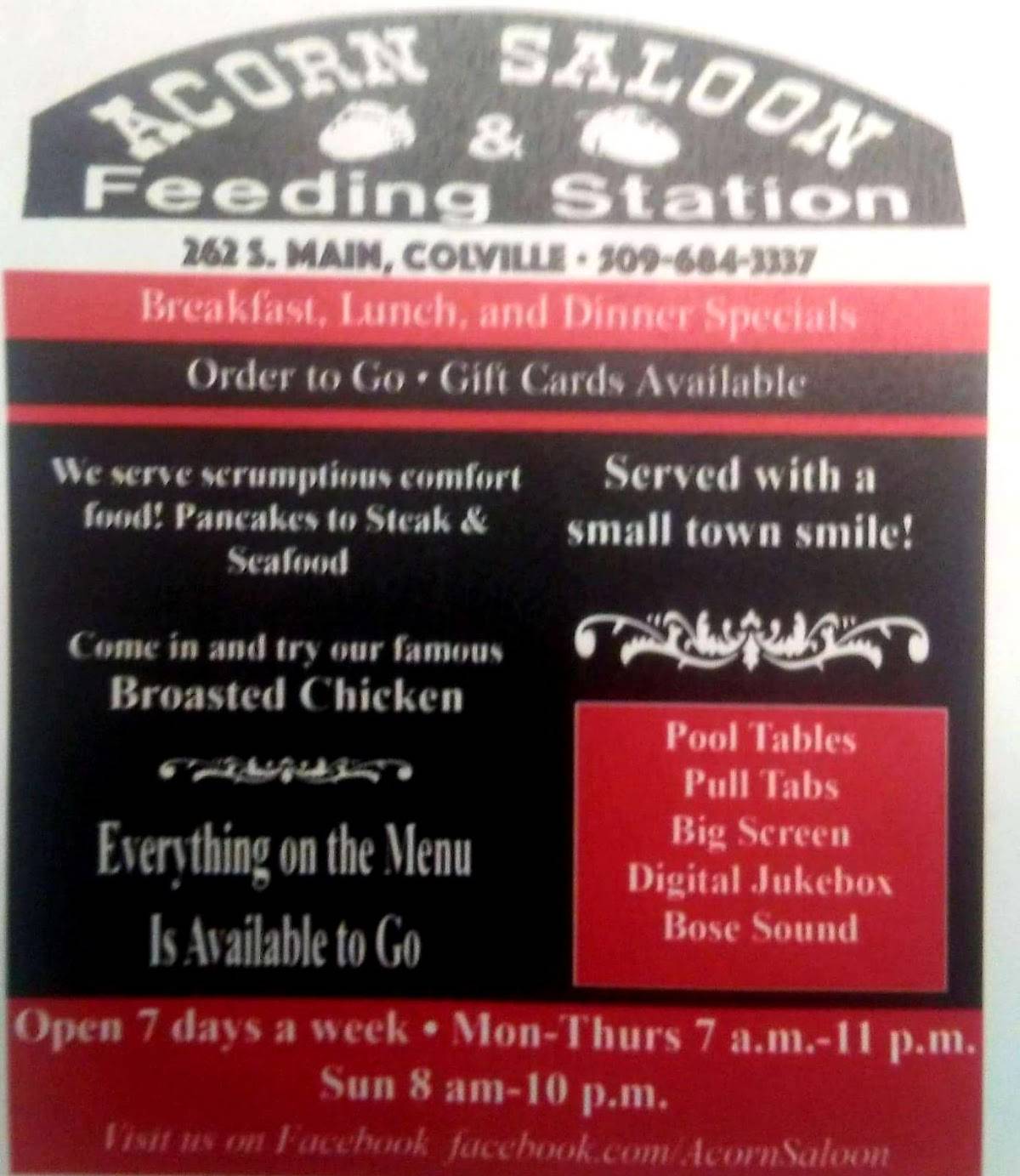 Menu at Acorn Saloon & Feeding Station pub & bar, Colville
