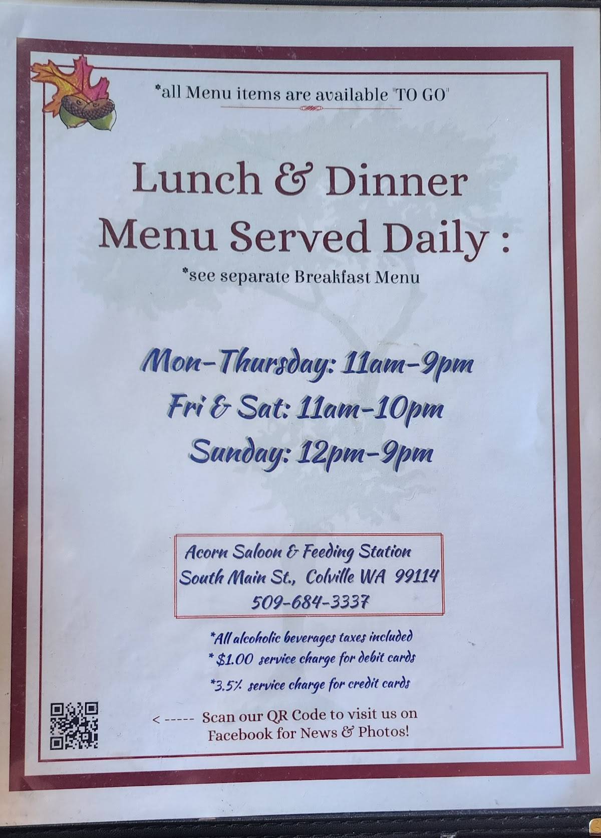 Menu at Acorn Saloon & Feeding Station pub & bar, Colville