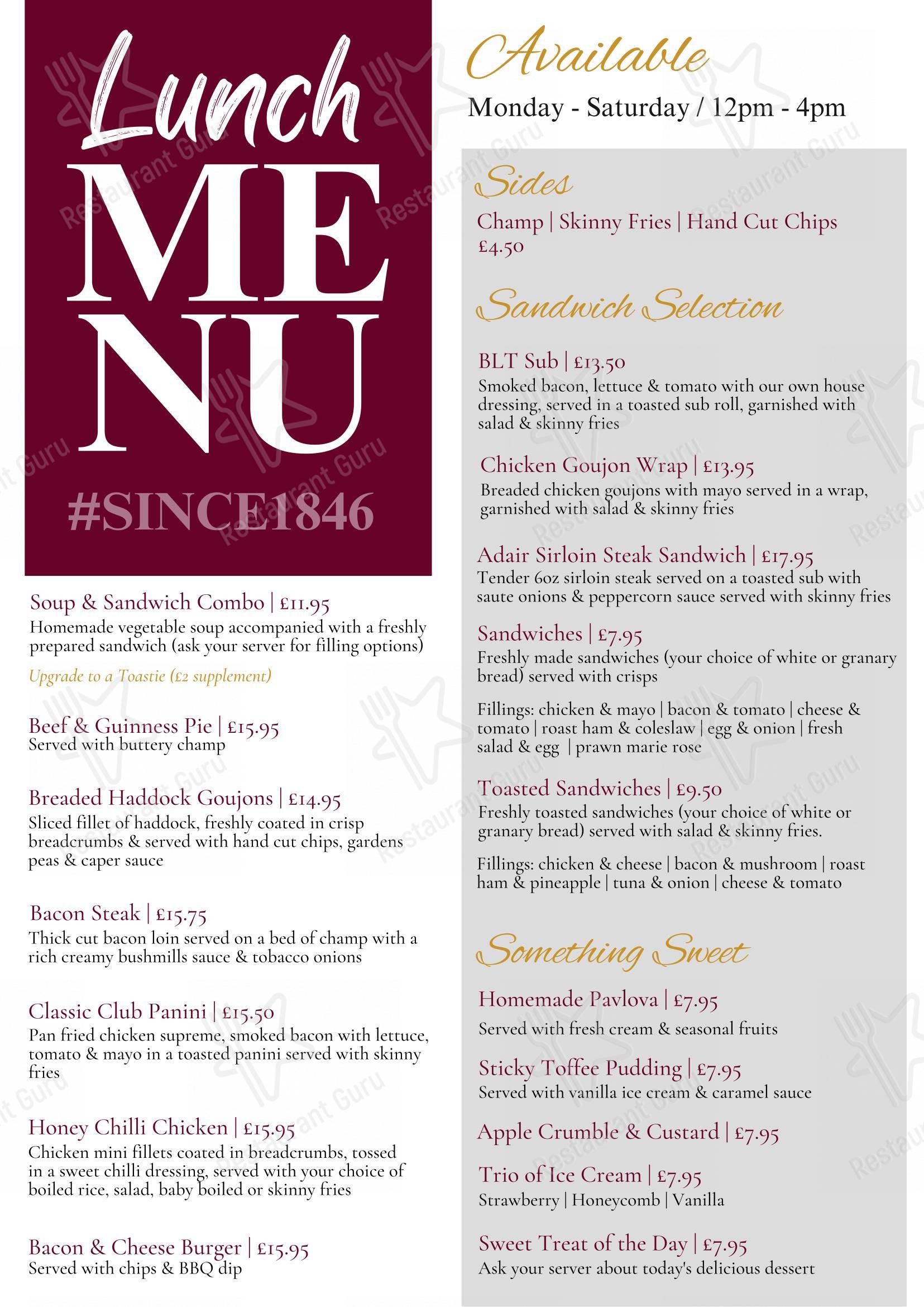 Menu at Adair Arms Hotel restaurant, Ballymena