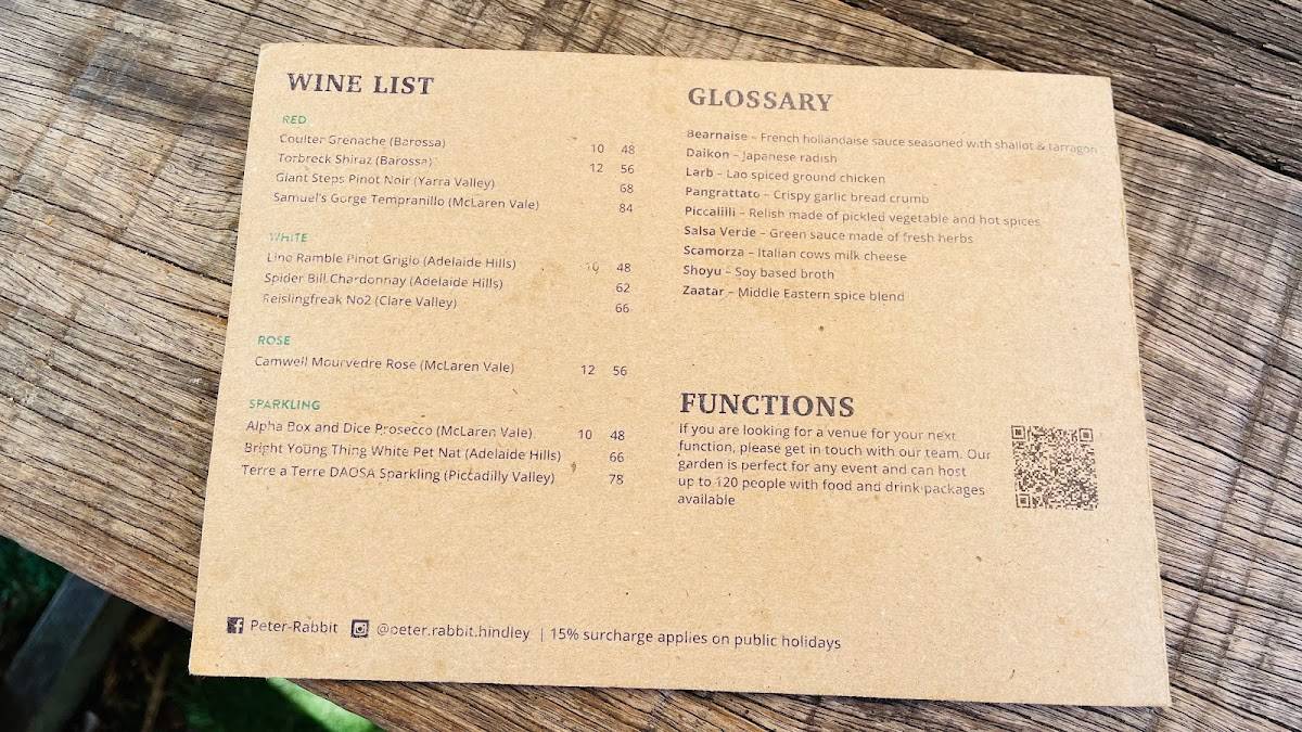 Menu at Peter Rabbit Cafe, Adelaide