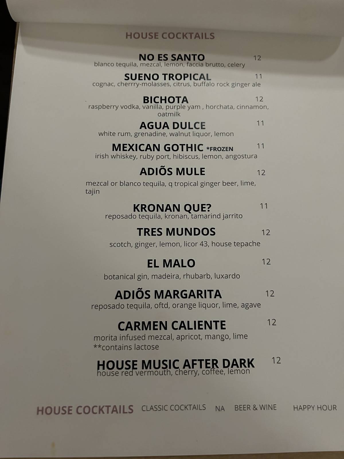 Menu at Adiõs pub & bar, Birmingham