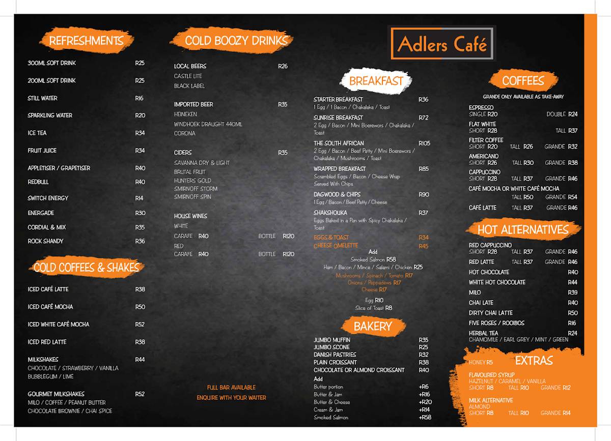 Menu at Adlers Restaurant, Pretoria