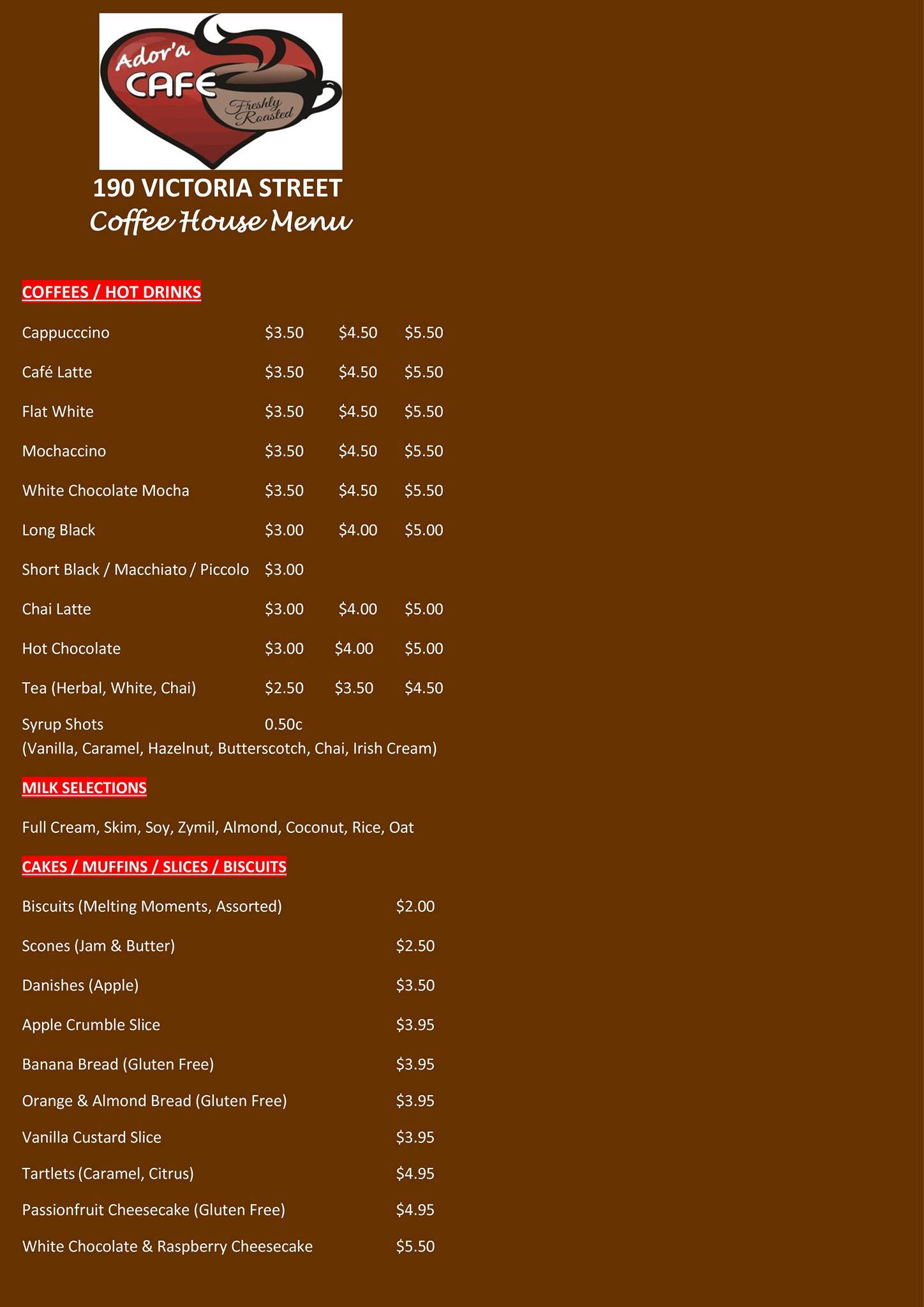 Menu at Ador'a Cafe, Mackay