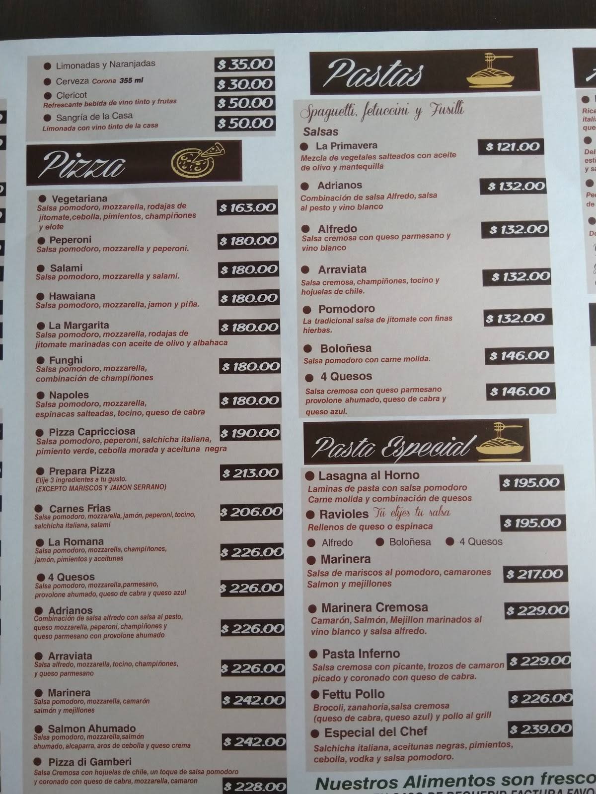 Carta del restaurante Adriano's Chapalita Pizza y Pasta, Zapopan, Av ...