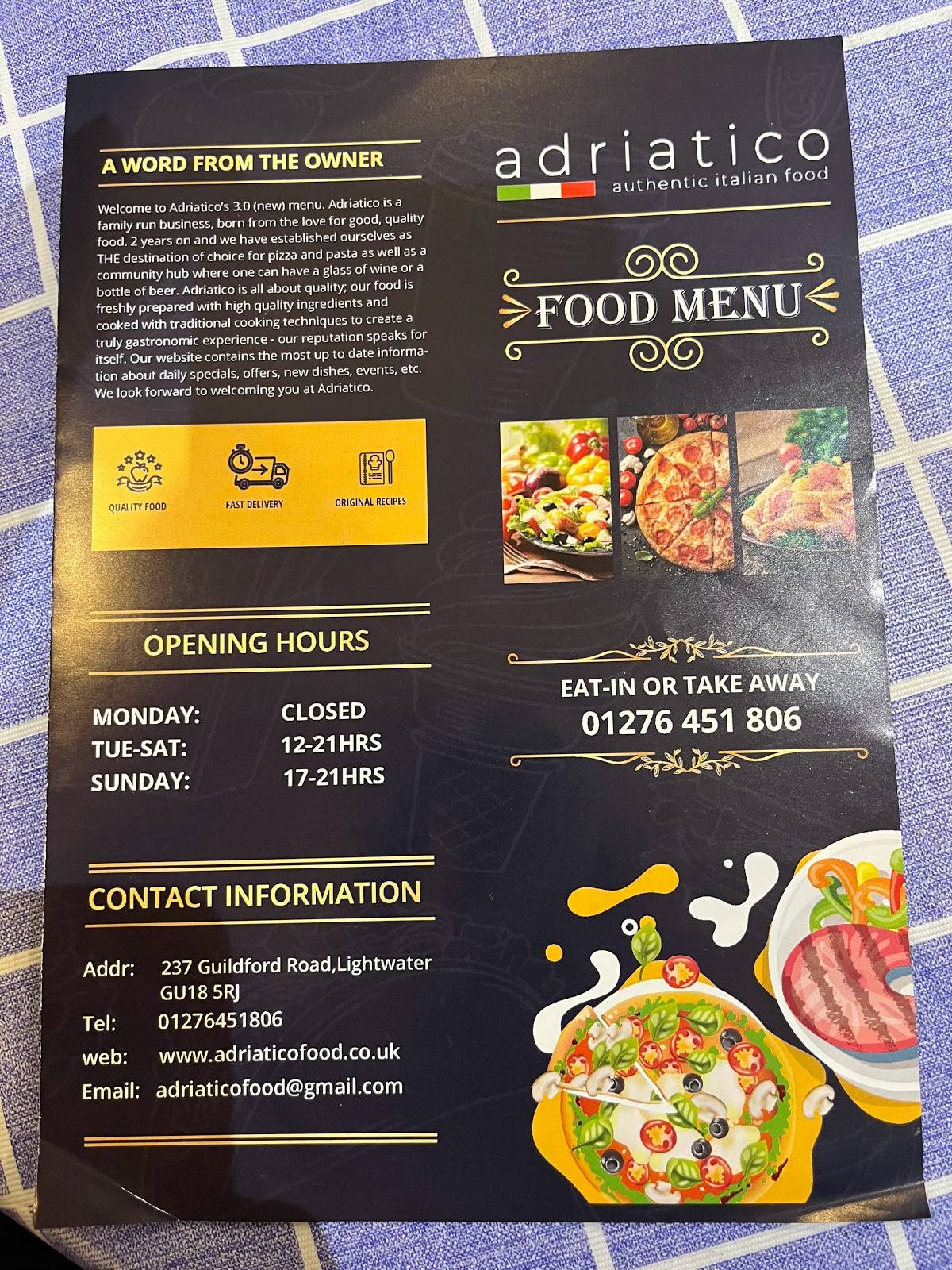 Menu at Adriatico - Italian Restaurant & Pizzeria, Lightwater
