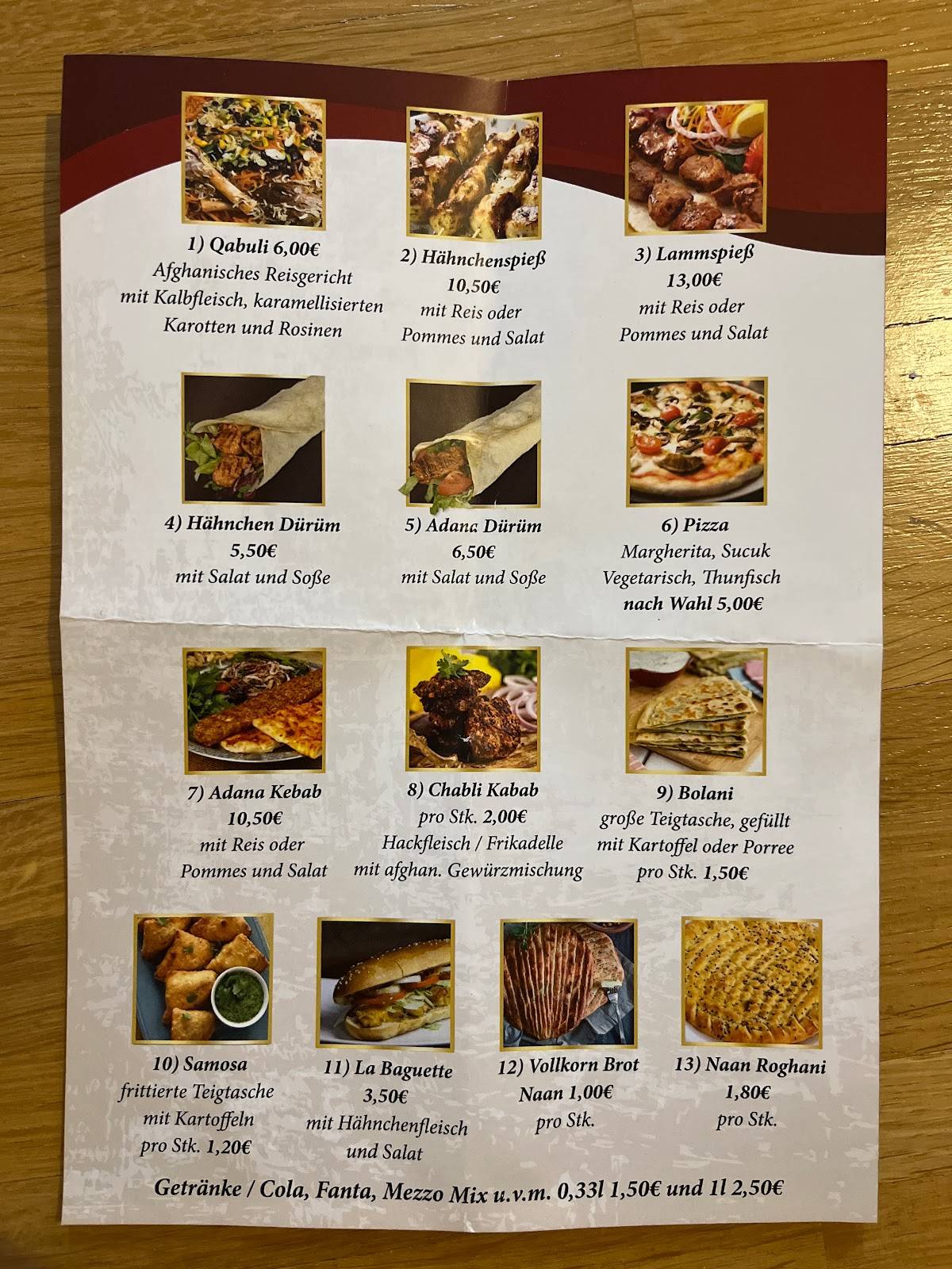 Menu at Afghan Naan restaurant, Wiesbaden