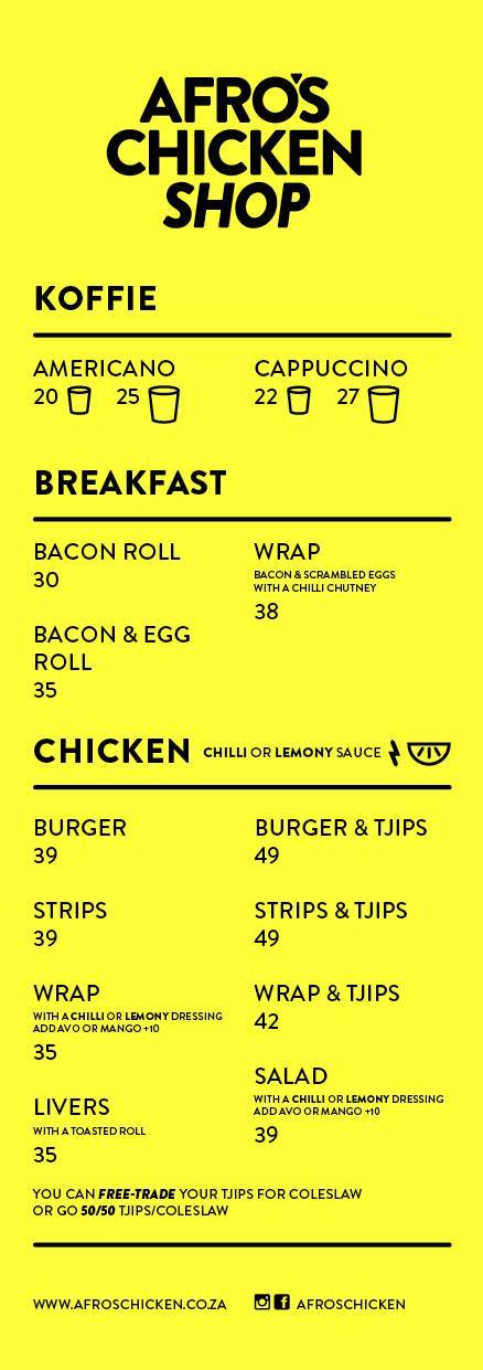 Menu at Afro's Chicken Shop (Glenwood) restaurant, Berea, 90 Helen ...