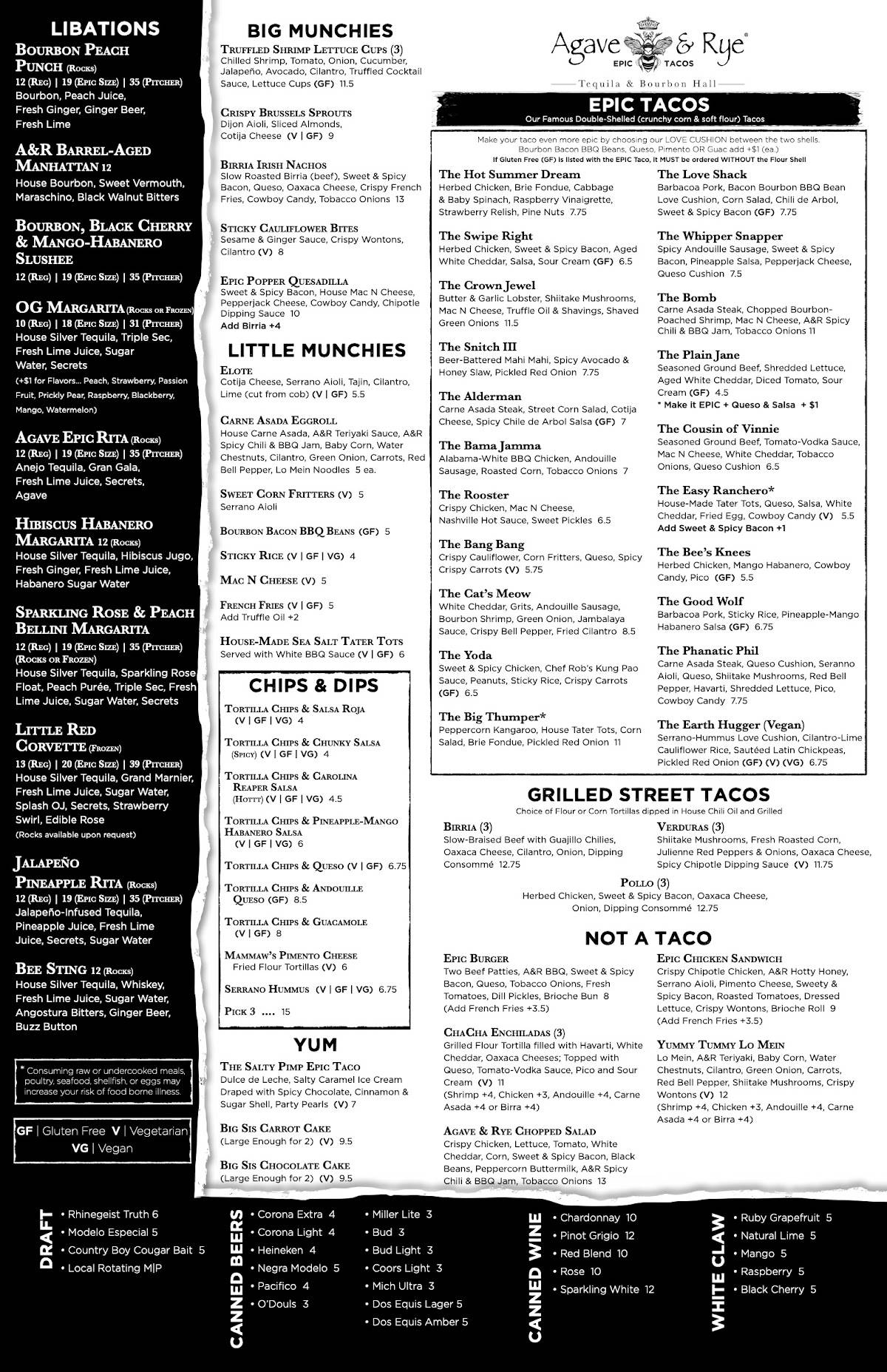 Menu at Agave & Rye Lexington Square pub & bar, Lexington, 123 N Broadway