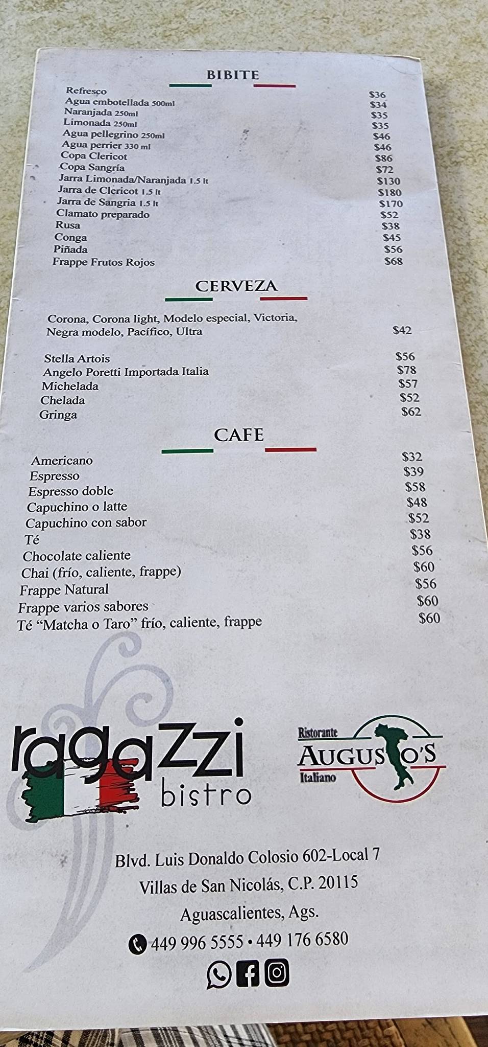 Carta del restaurante Ragazzi Bistro, Aguascalientes, Plaza Arcos Campestre