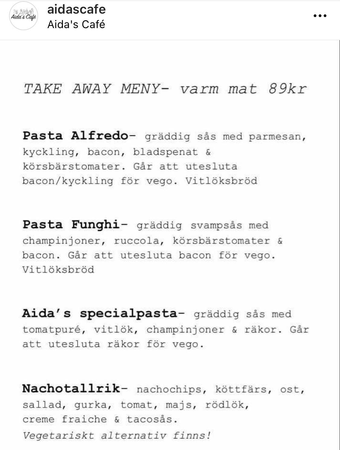 Menu at Aida's Café cafe, Söderhamn