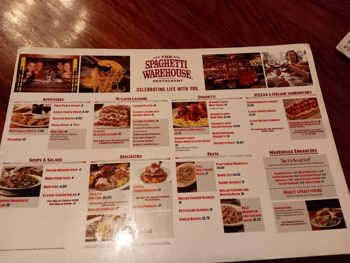 Menu at Spaghetti Warehouse restaurant, Akron