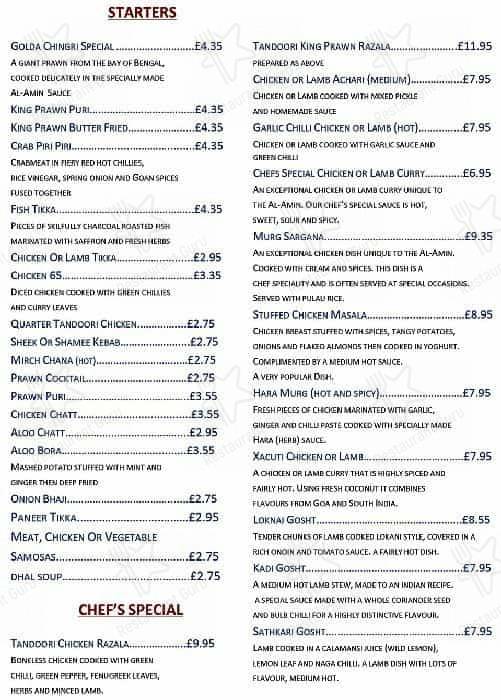 Menu at Al-Amin restaurant, London, 483 Cambridge Heath Rd