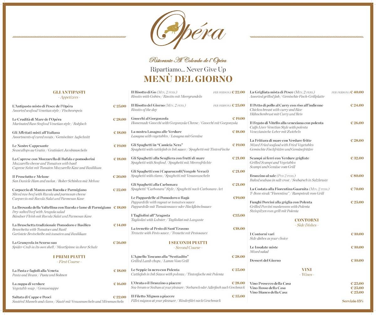 Speisekarte von Al Colombo de l'Opera restaurant, Venedig