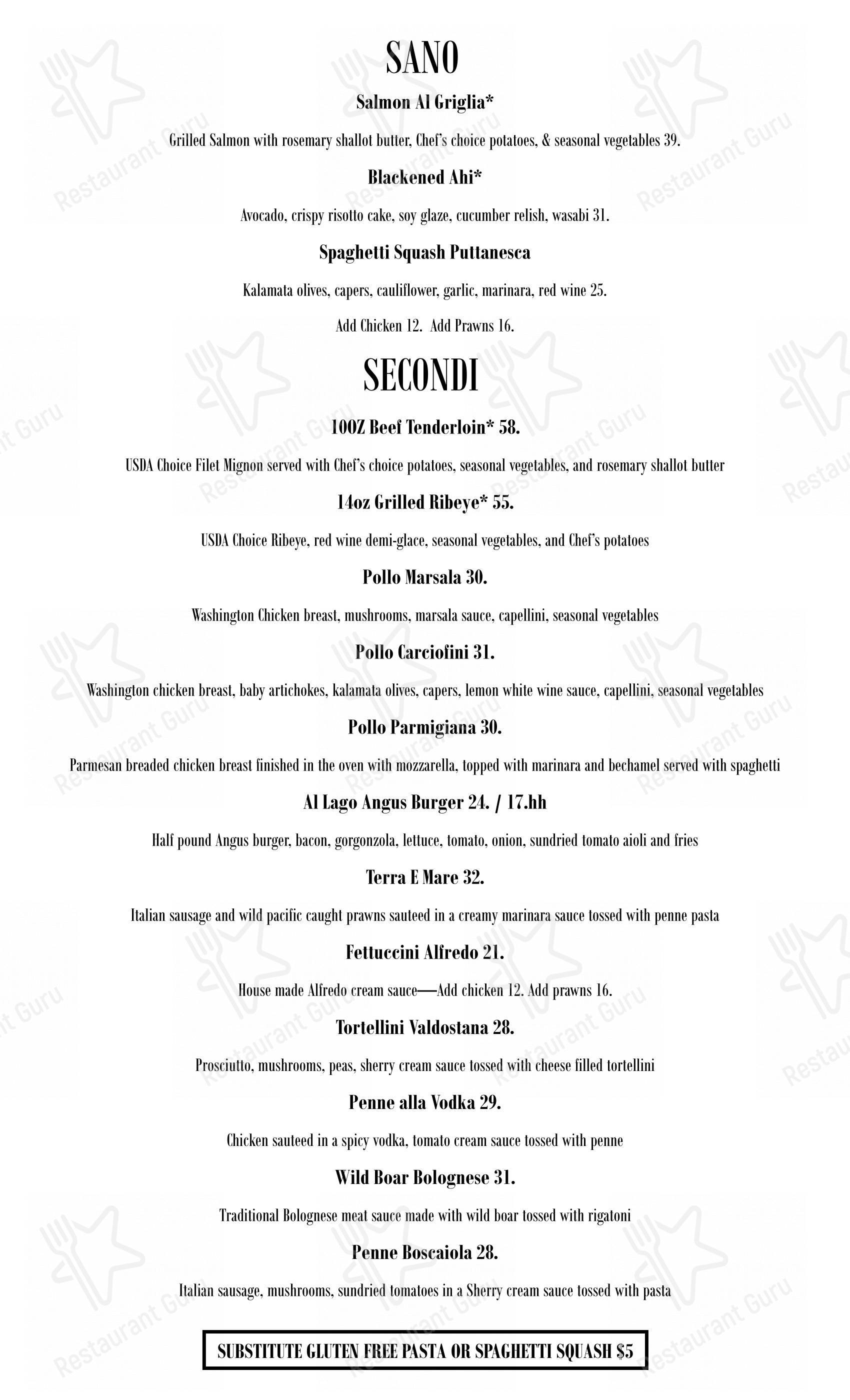 Menu at Al Lago Restaurant, Sumner