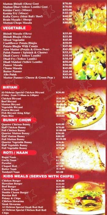 Menu at Al Mehran Restaurant, Boksburg