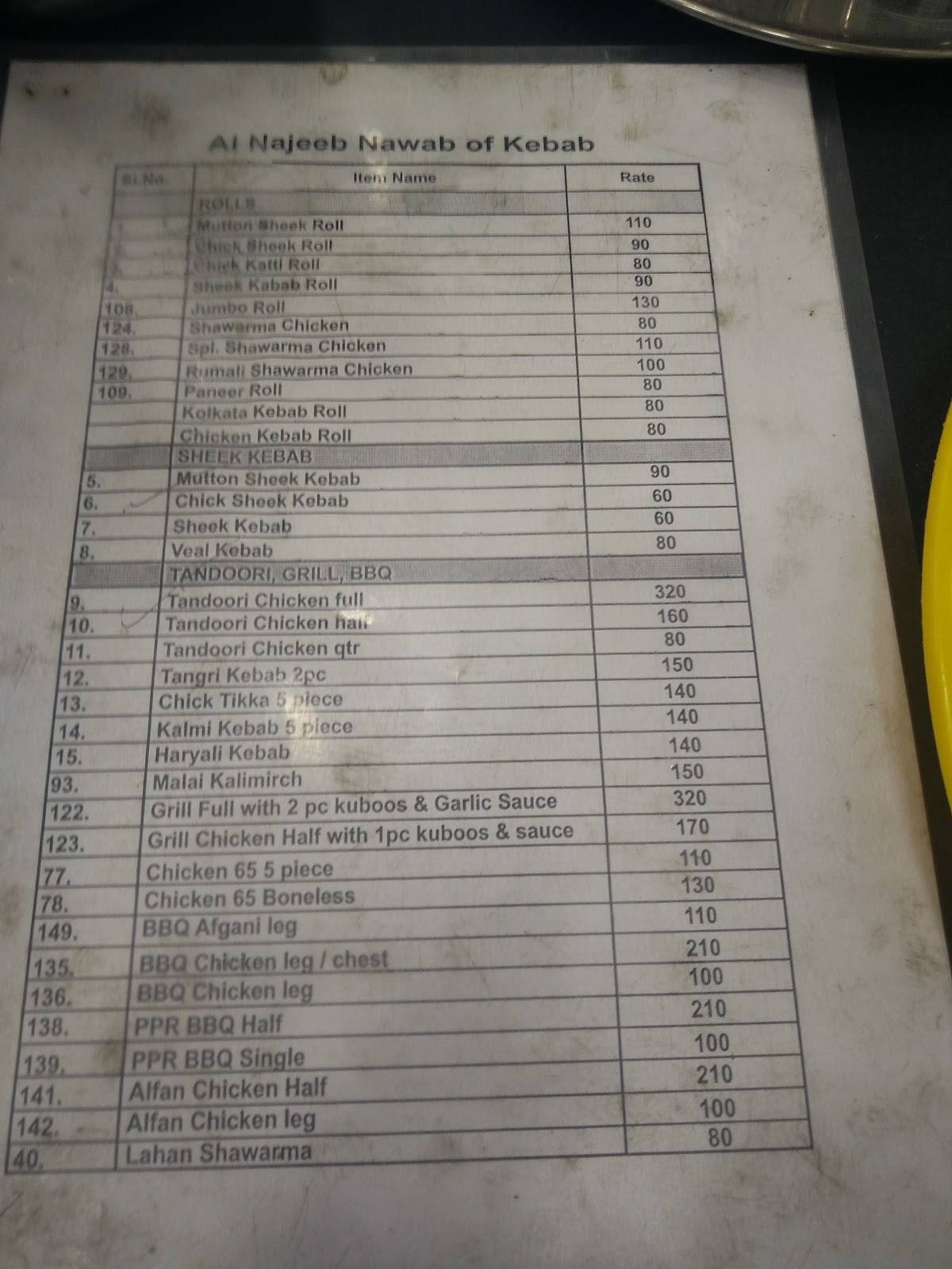Menu at Al Najeeb Nawab Of Kebab, Chennai