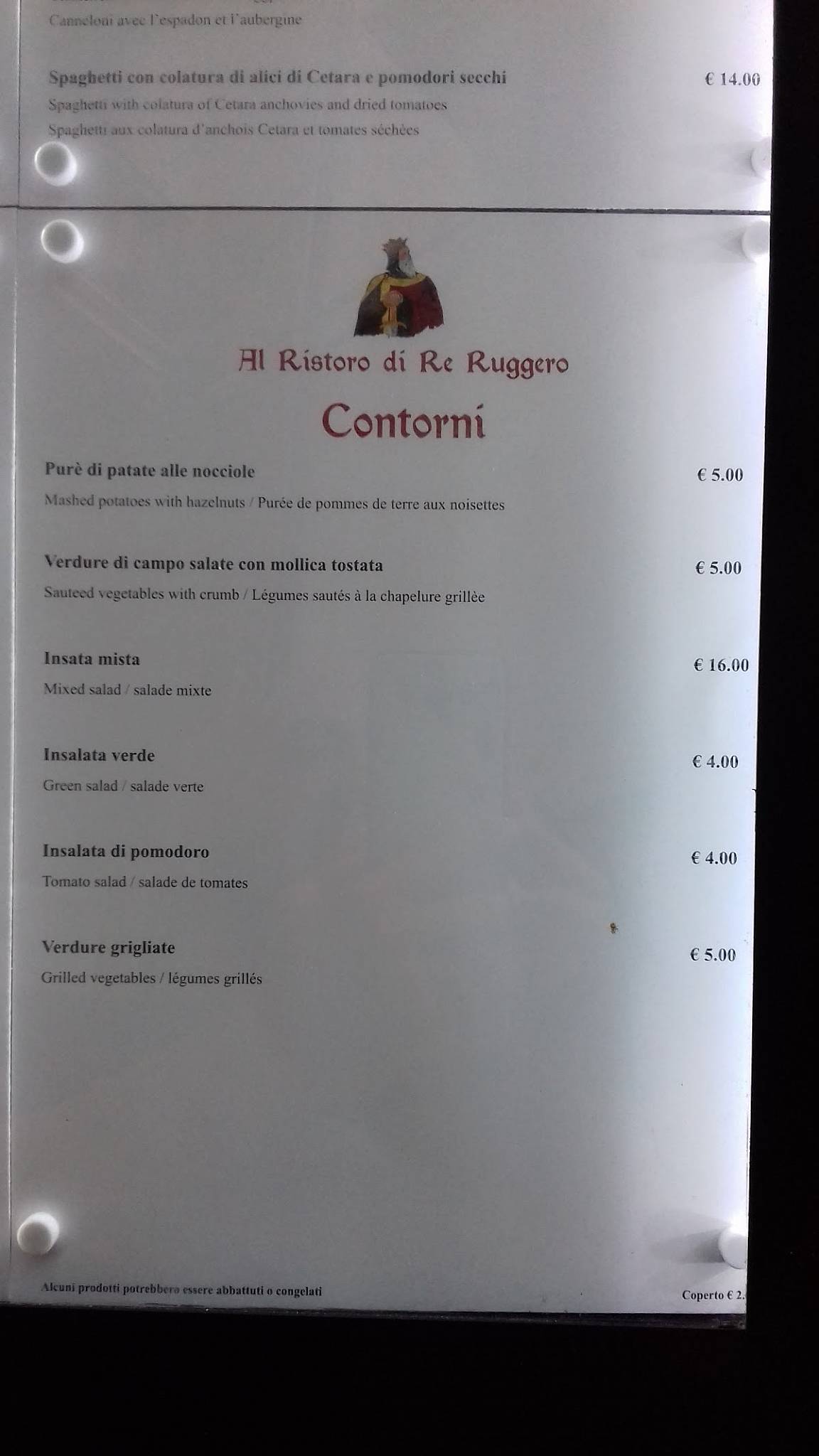 Menu at Al Ristoro Di Re Ruggero restaurant, Cefalù, Via Carlo Ortolani ...