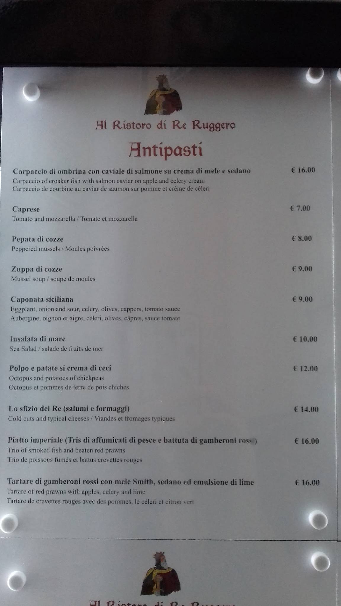 Menu at Al Ristoro Di Re Ruggero restaurant, Cefalù, Via Carlo Ortolani ...