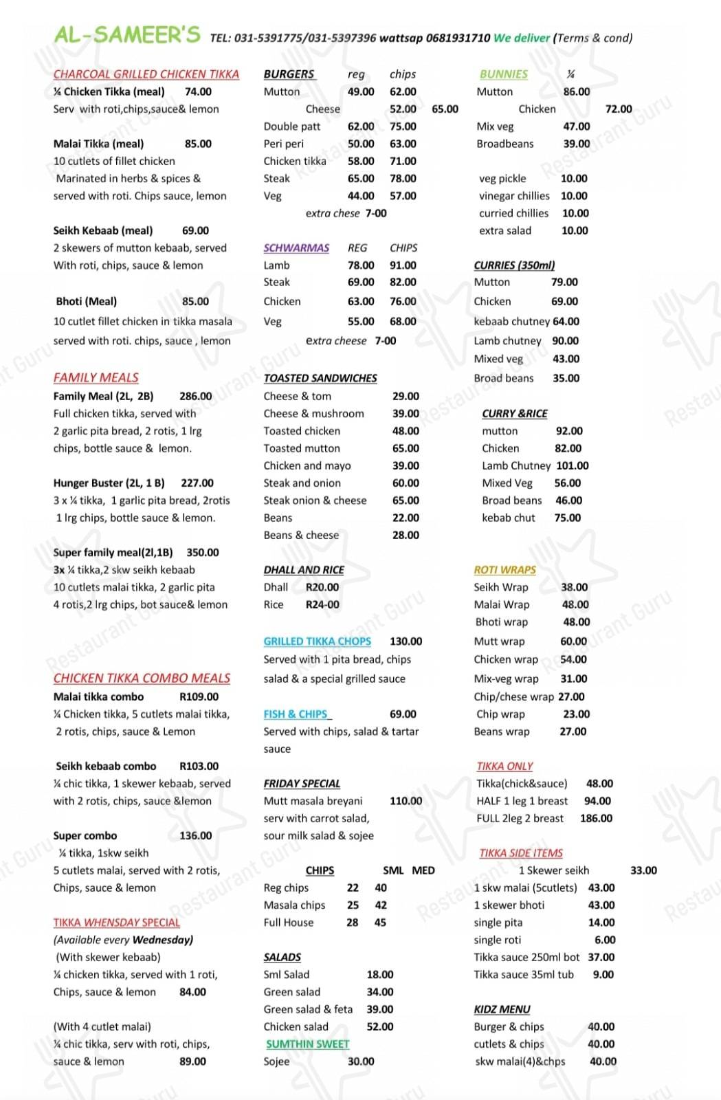 Menu at Al-Sameer's restaurant, Durban