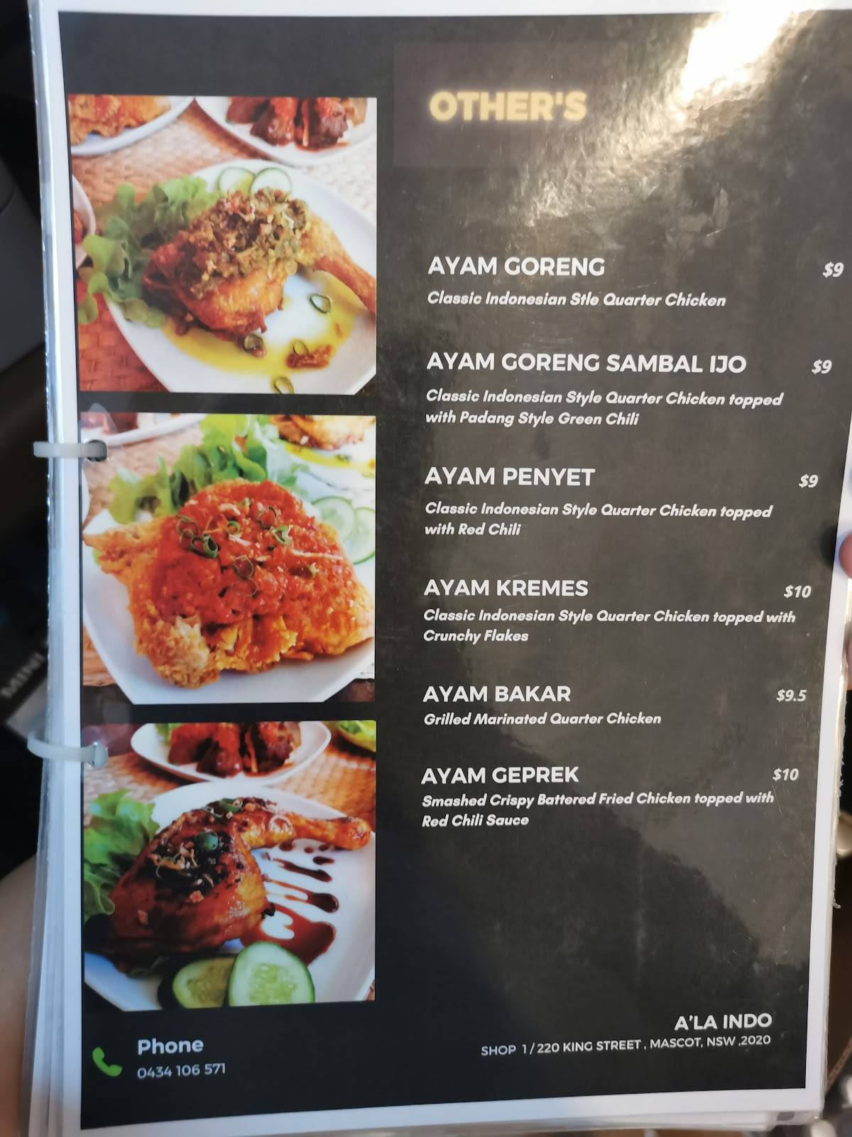 Menu at A'la Indo restaurant, Mascot