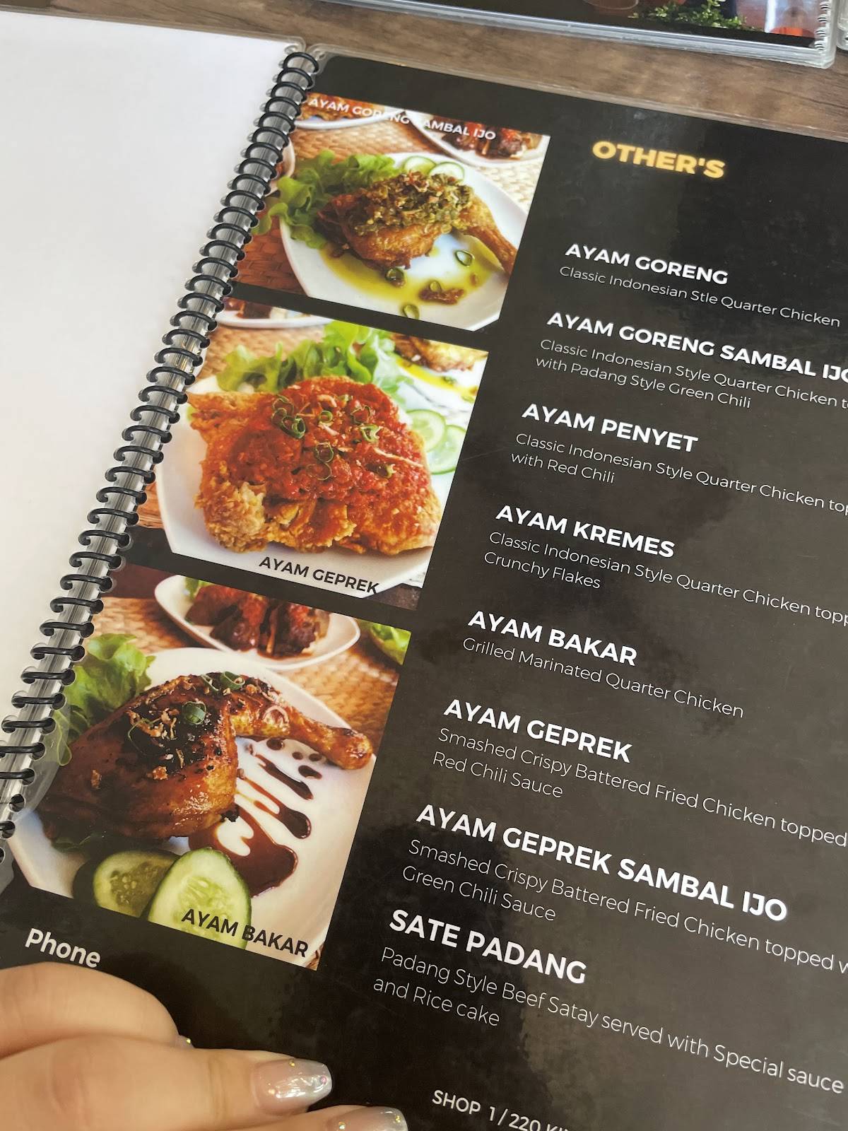 Menu at A'la Indo restaurant, Mascot