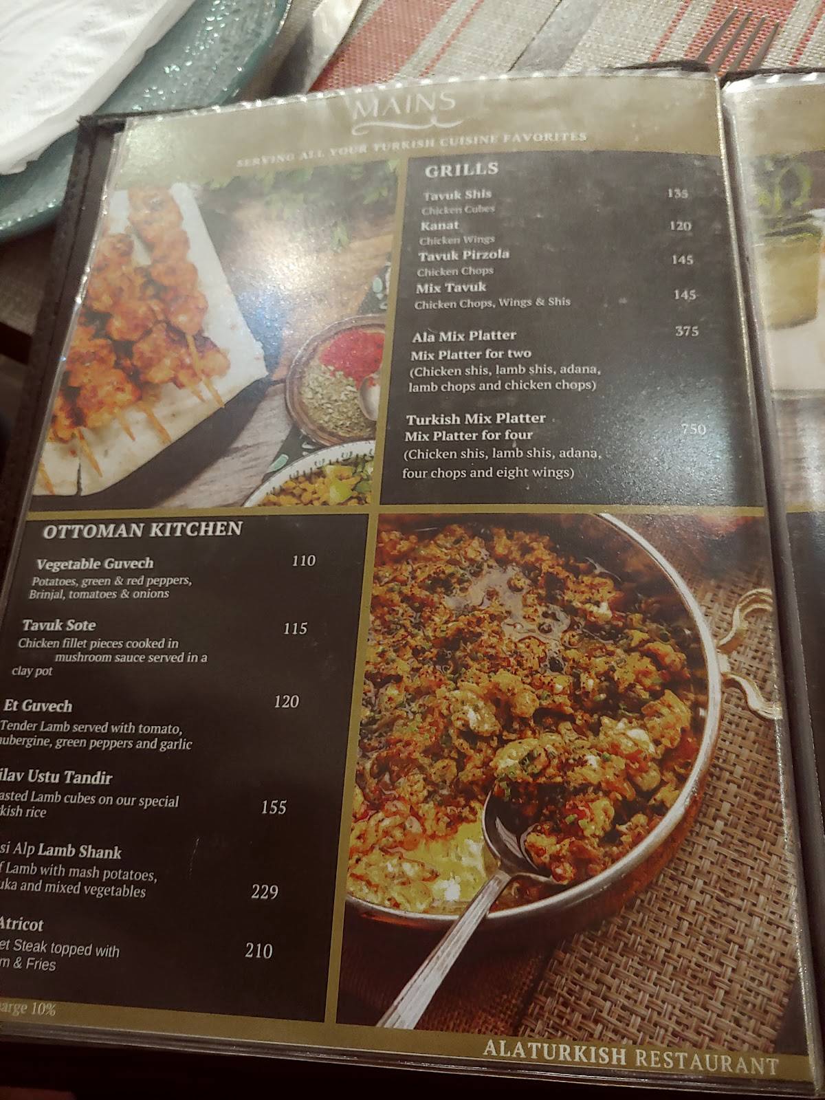 Menu at Ala Turkish restaurant, Cape Town