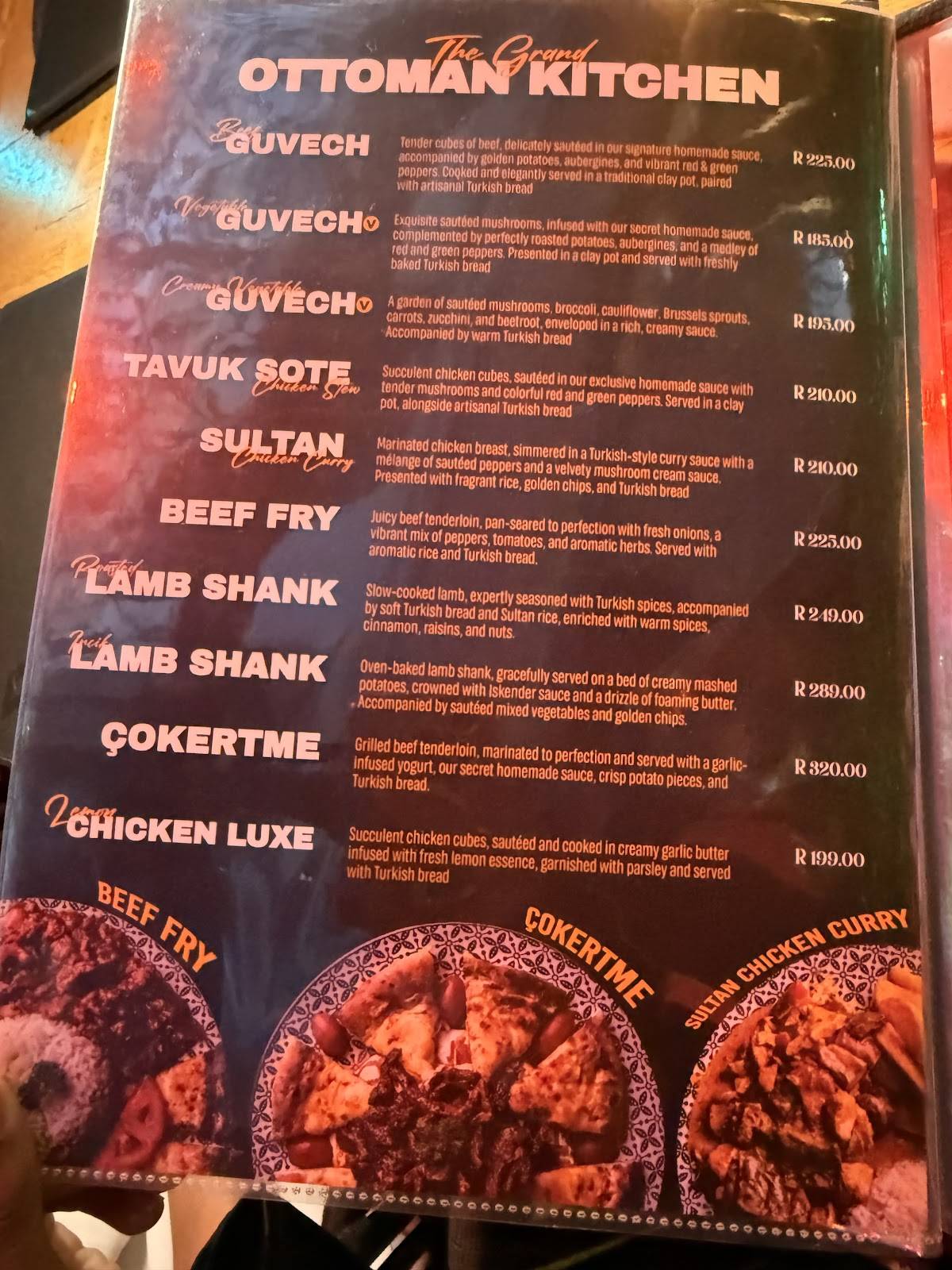 Menu at Ala Turkish restaurant, Cape Town