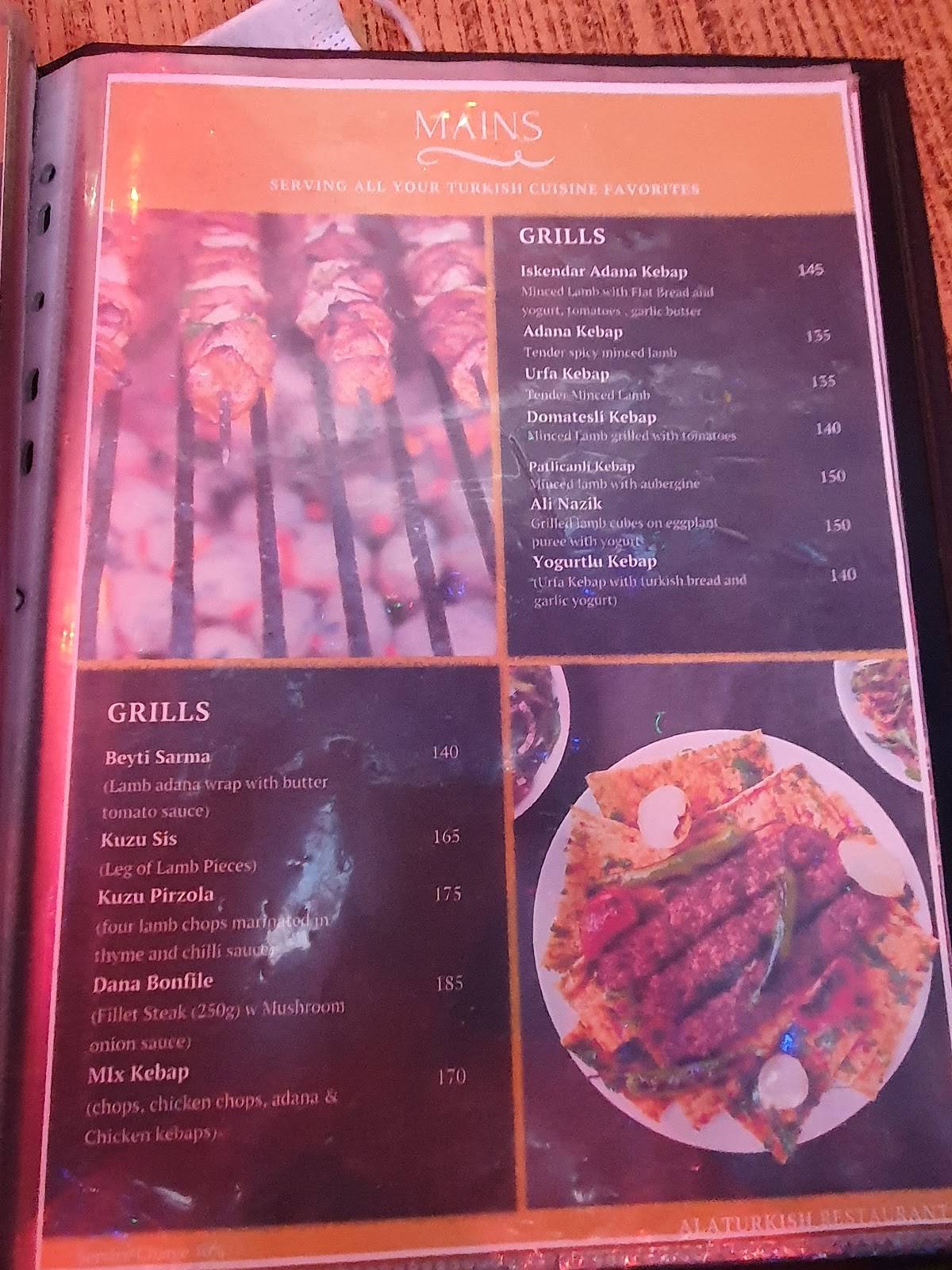 Menu at Ala Turkish restaurant, Cape Town