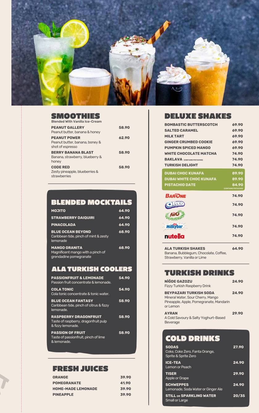 Menu at Ala Turkish Restaurant, Cape Town