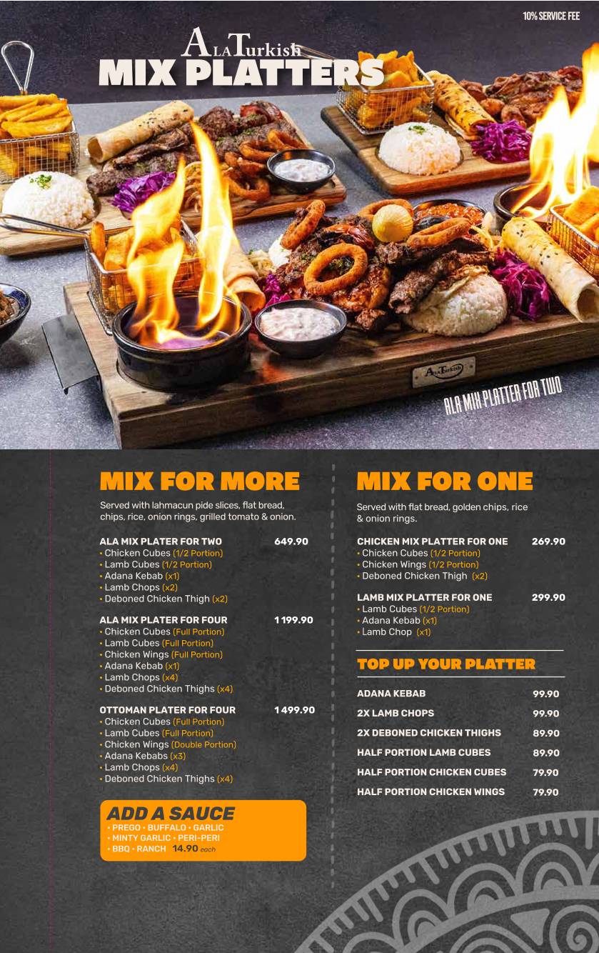 Menu at Ala Turkish Restaurant, Cape Town