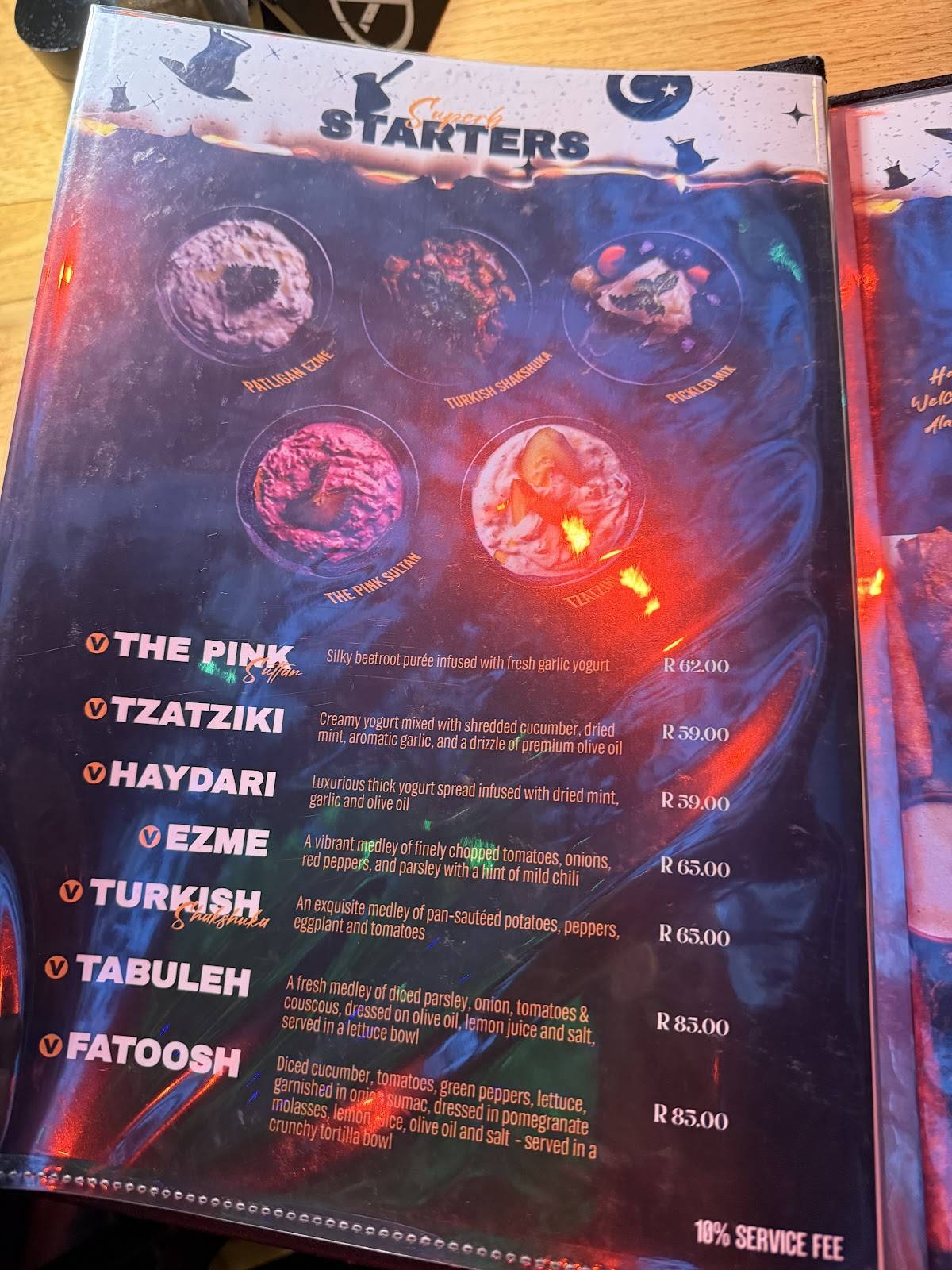Menu at Ala Turkish restaurant, Cape Town