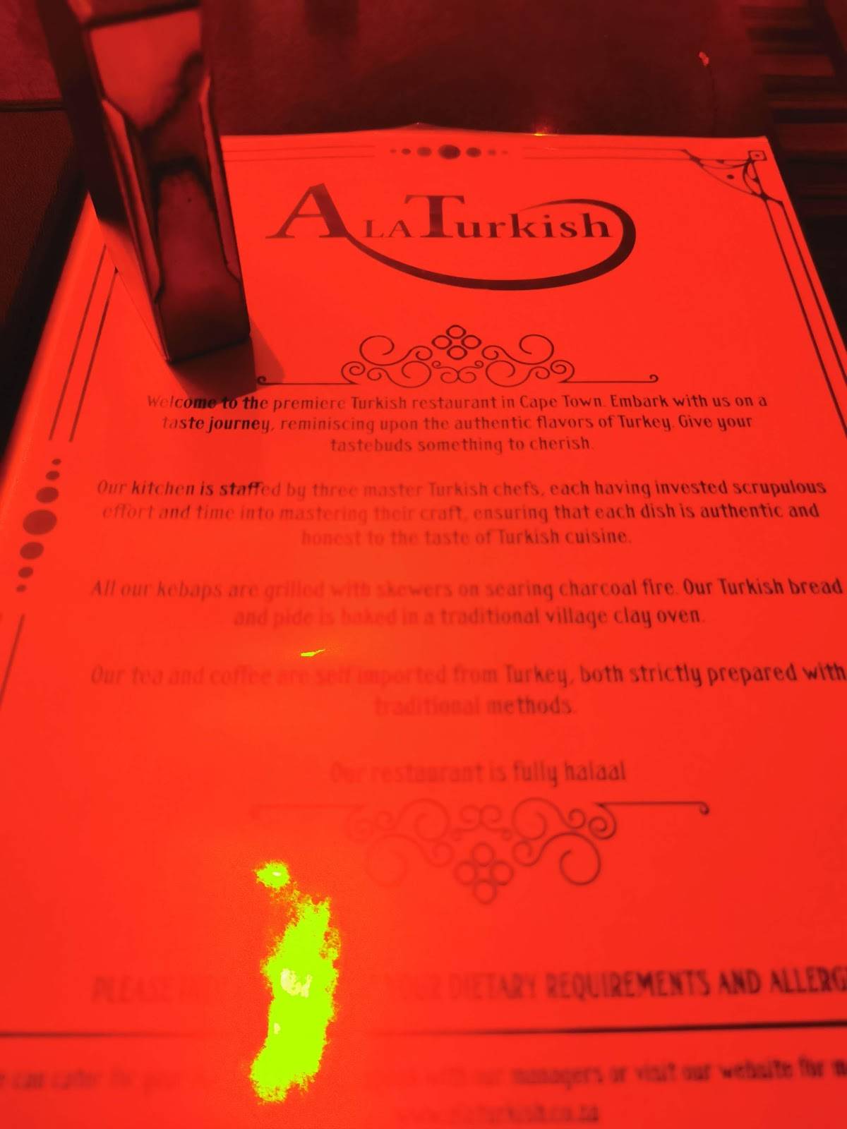 Menu at Ala Turkish restaurant, Cape Town
