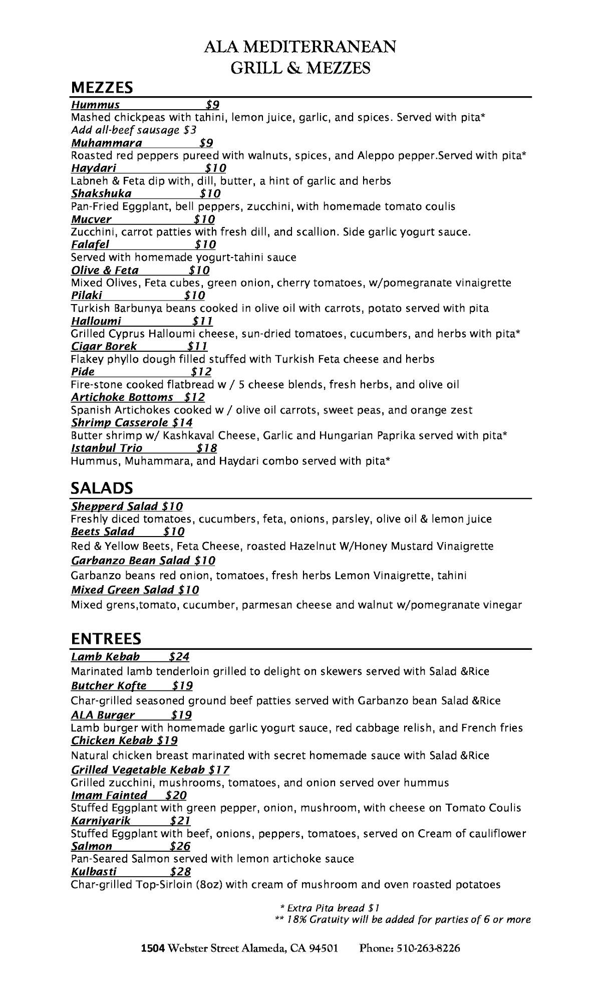 Menu at ALA Mediterranean Grill & Mezzes restaurant, Alameda