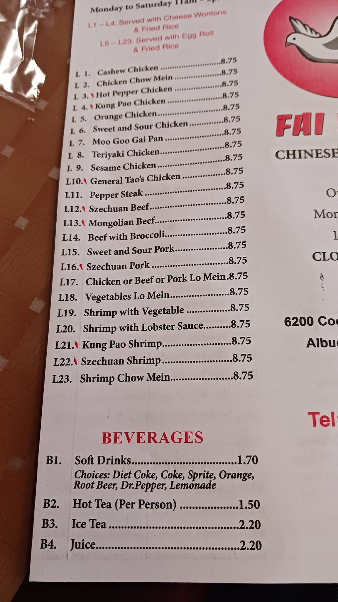 Menu at Fai Wong restaurant, Albuquerque