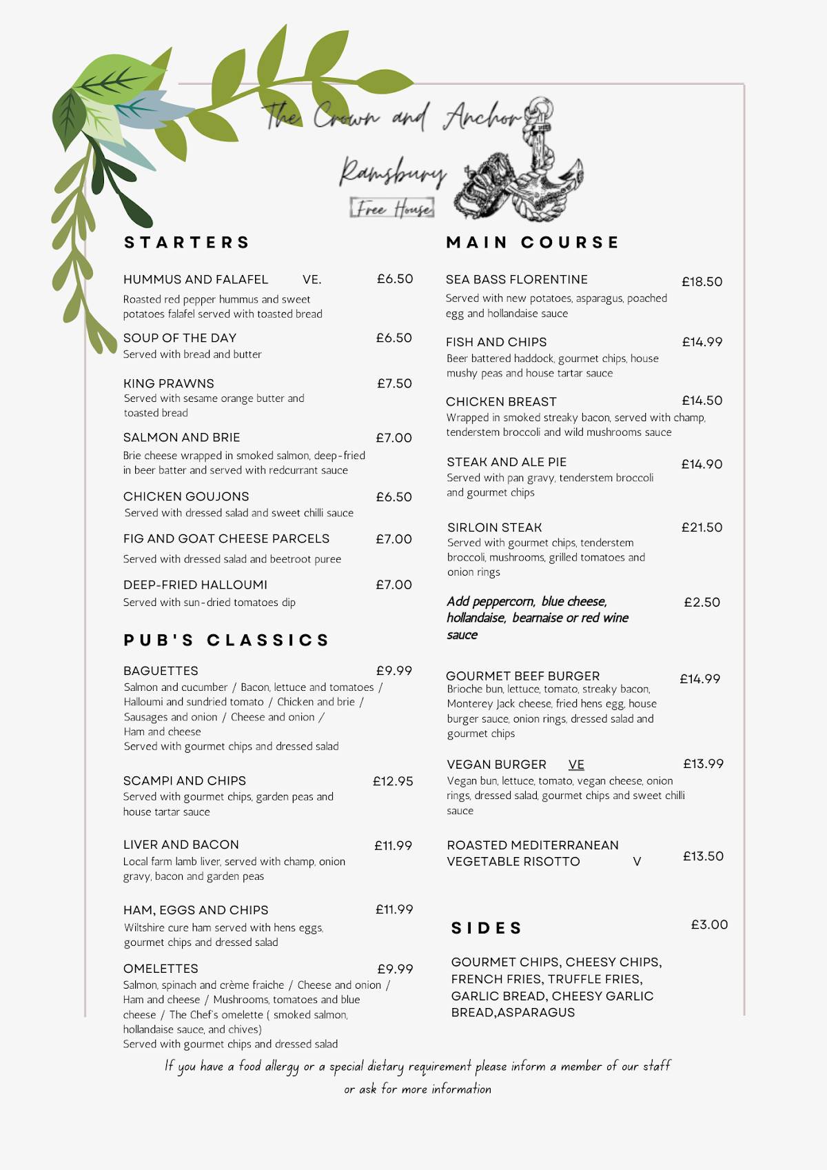 Menu at Crown and Anchor in Ramsbury pub & bar, Aldbourne