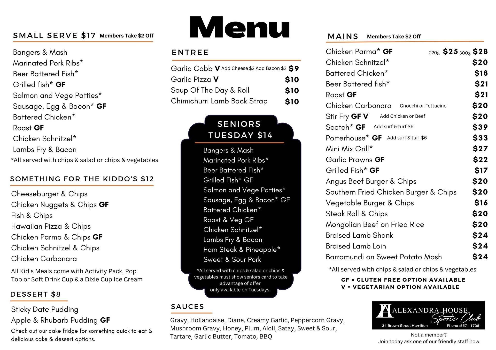 Menu at Alexandra House Sports Club, Hamilton