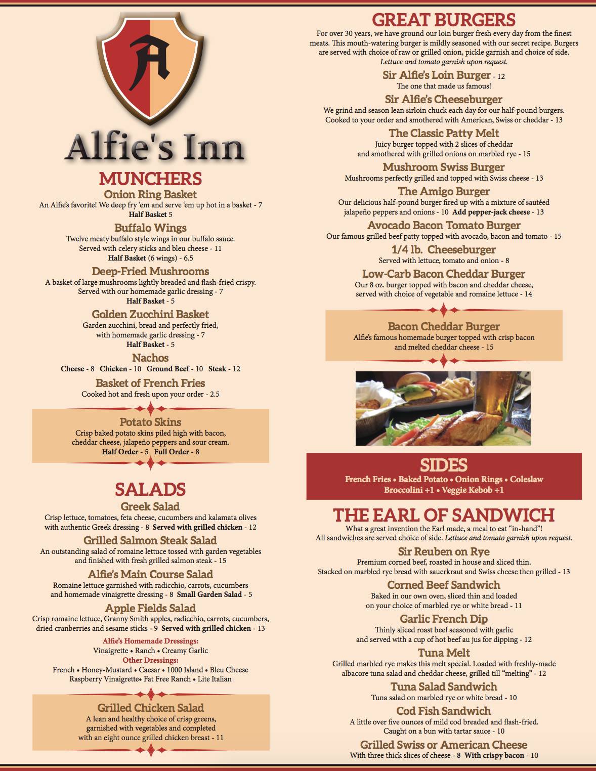Menu at Alfie's Inn restaurant, Glen Ellyn