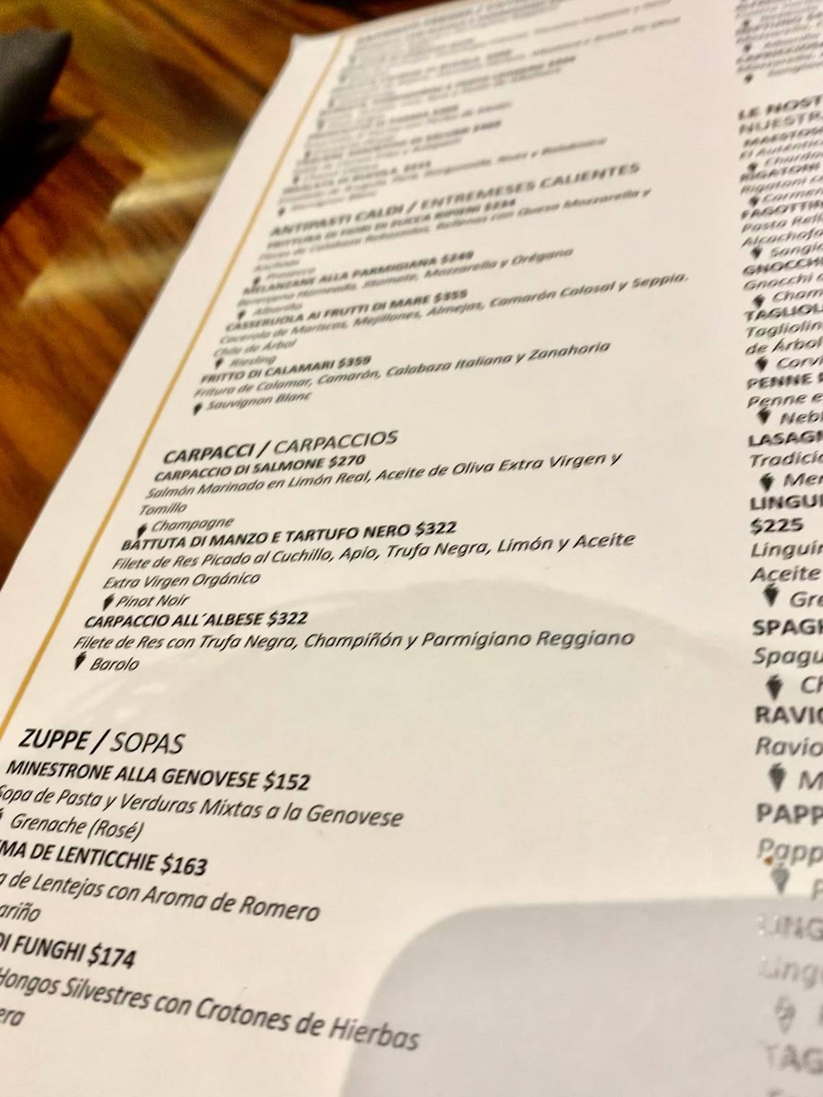 Carta del restaurante Alfredo Di Roma, Ciudad del México