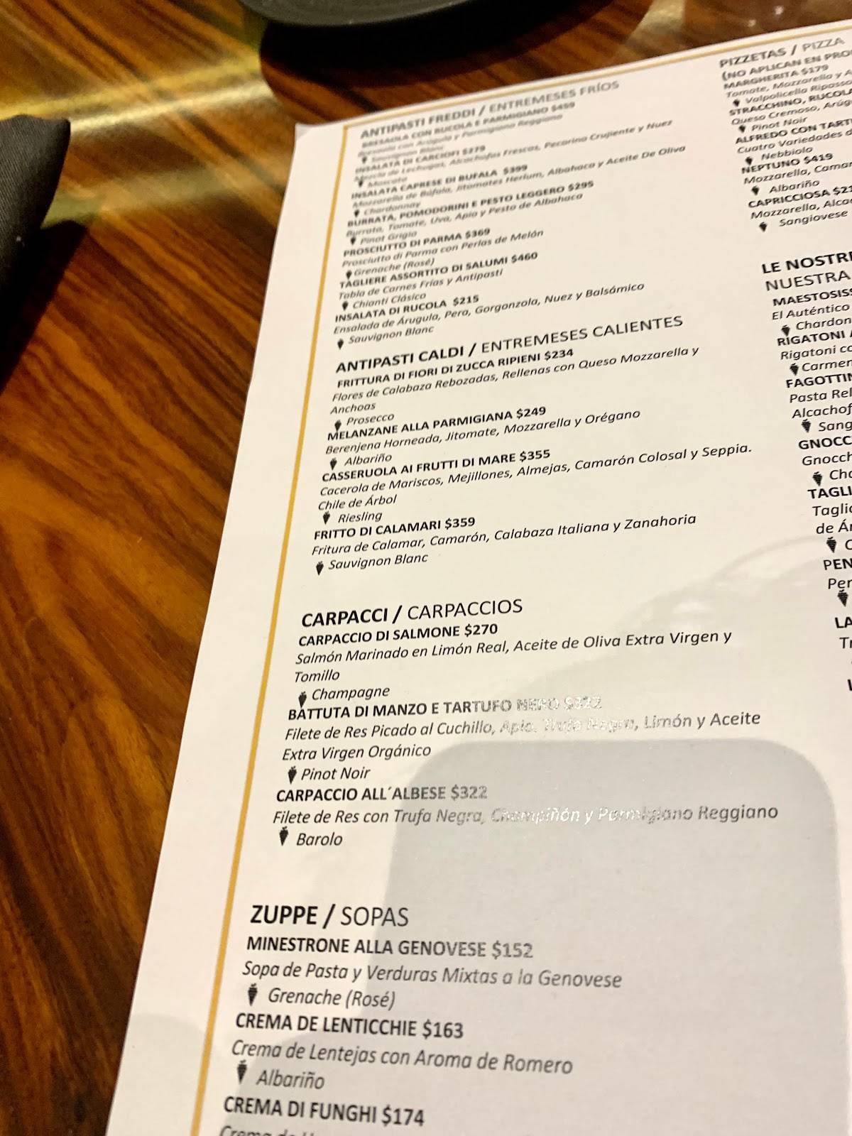 Carta del restaurante Alfredo Di Roma, Ciudad del México