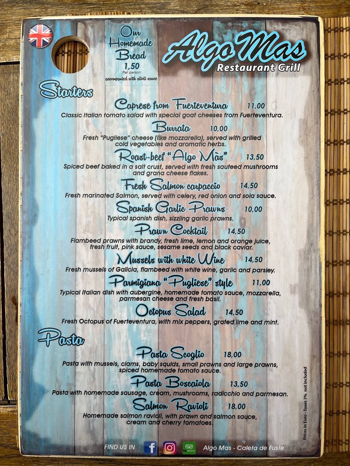 Menu at Algo Mas restaurant, Castillo Caleta de Fuste