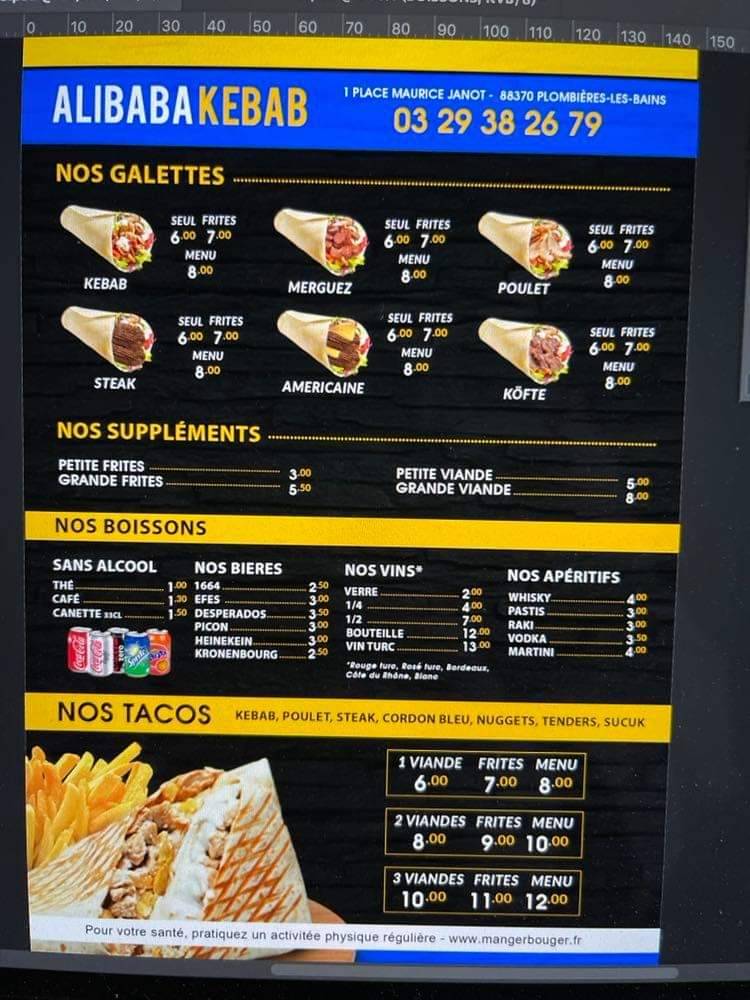 Menu au Ali baba kebab, Plombières-les-Bains