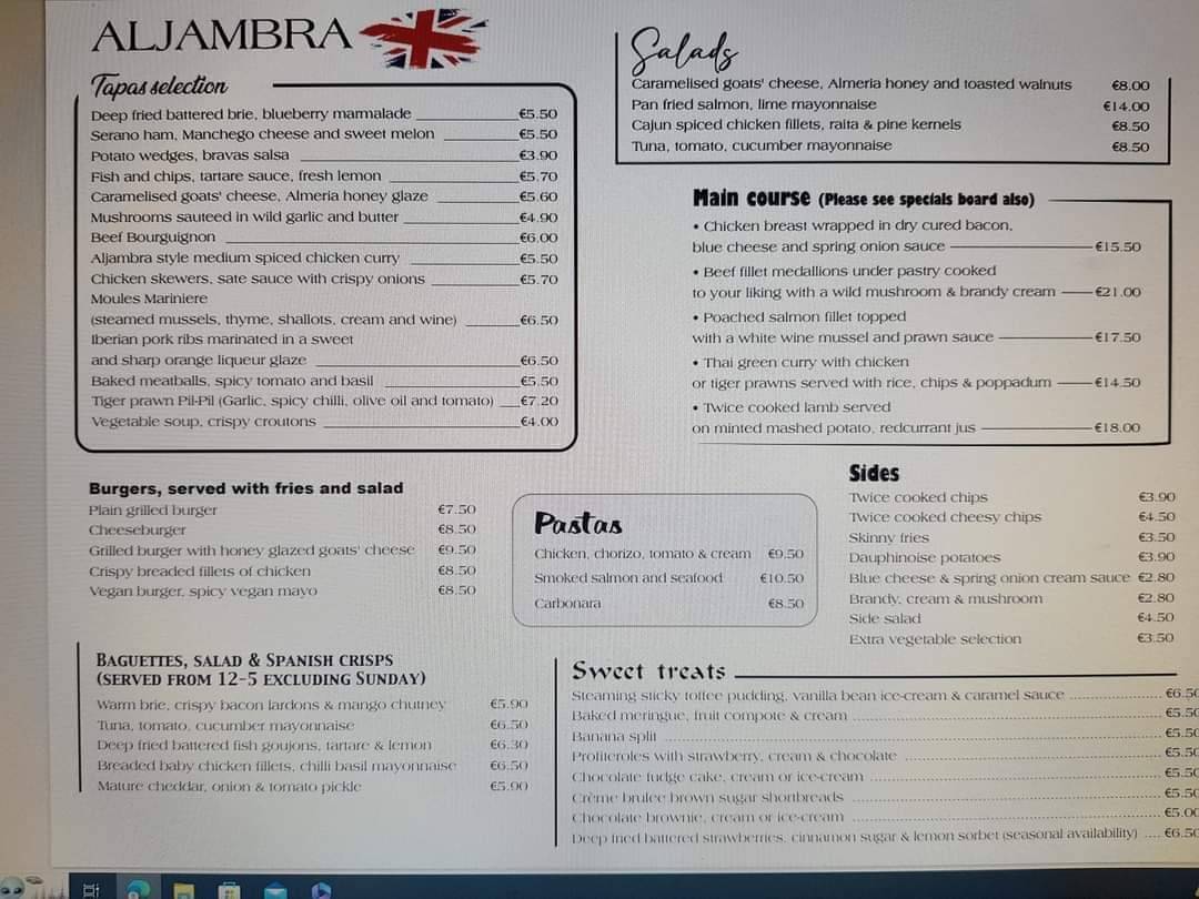 Menu at Aljambra restaurant Albox, Albox