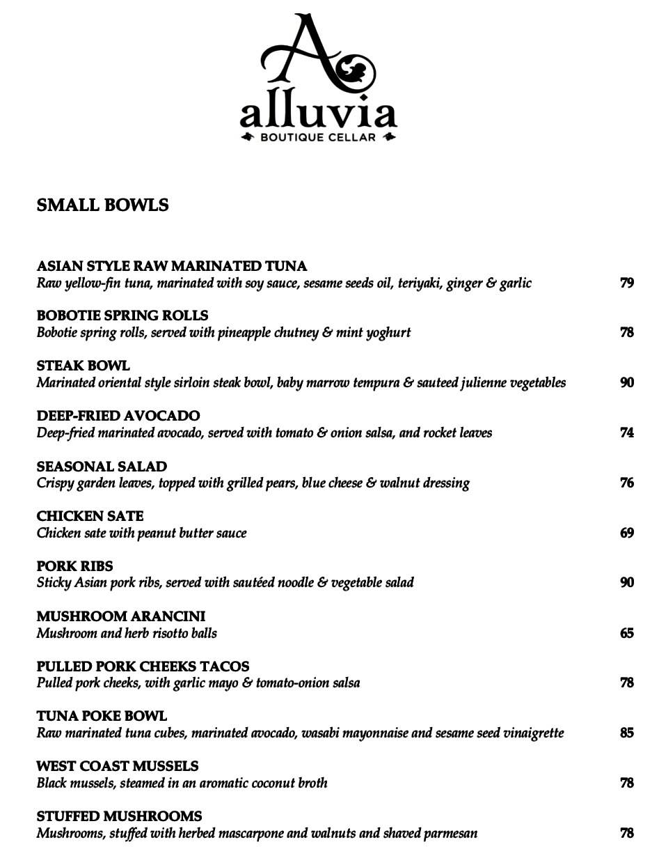Menu at Alluvia Boutique Winery restaurant, Stellenbosch