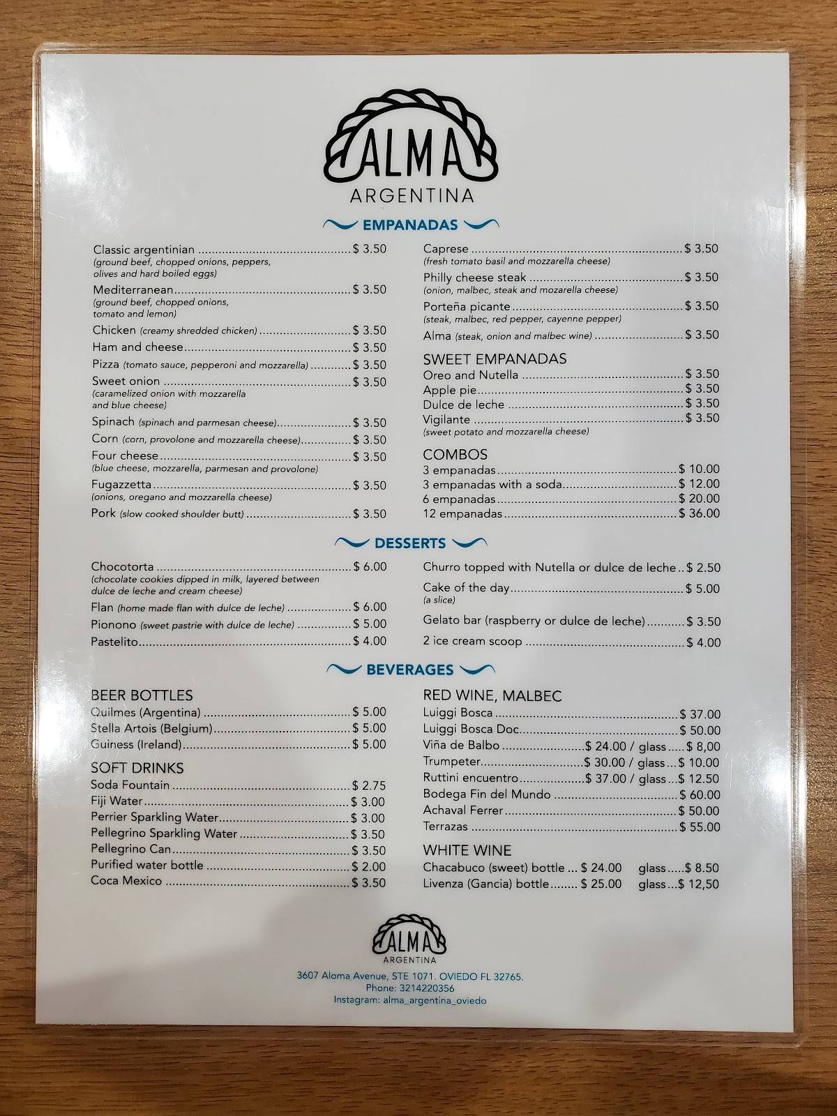 Menu at Alma Argentina restaurant, Oviedo, Aloma Ave Unit 107
