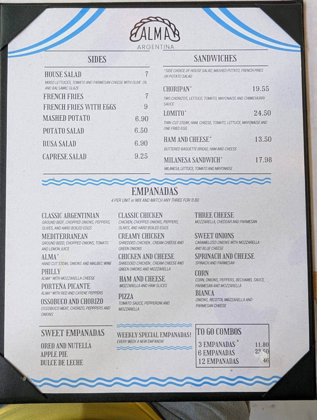 Menu at Alma Argentina restaurant, Kissimmee
