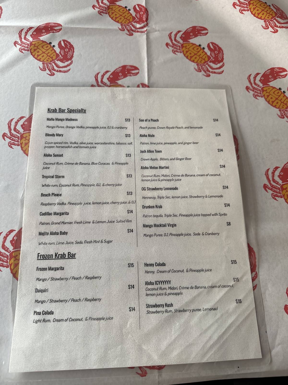 Carta de Aloha Krab Cajun Seafood & Bar, Cheektowaga