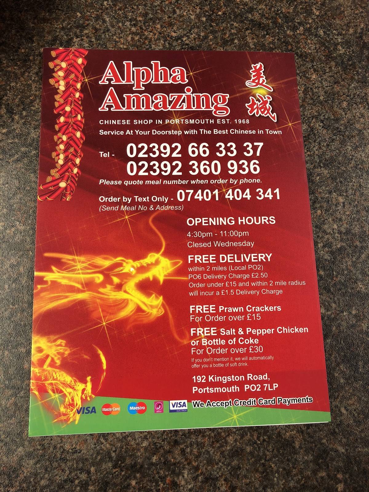 Menu at Alpha Amazing Chinese Takeaway restaurant, Portsmouth