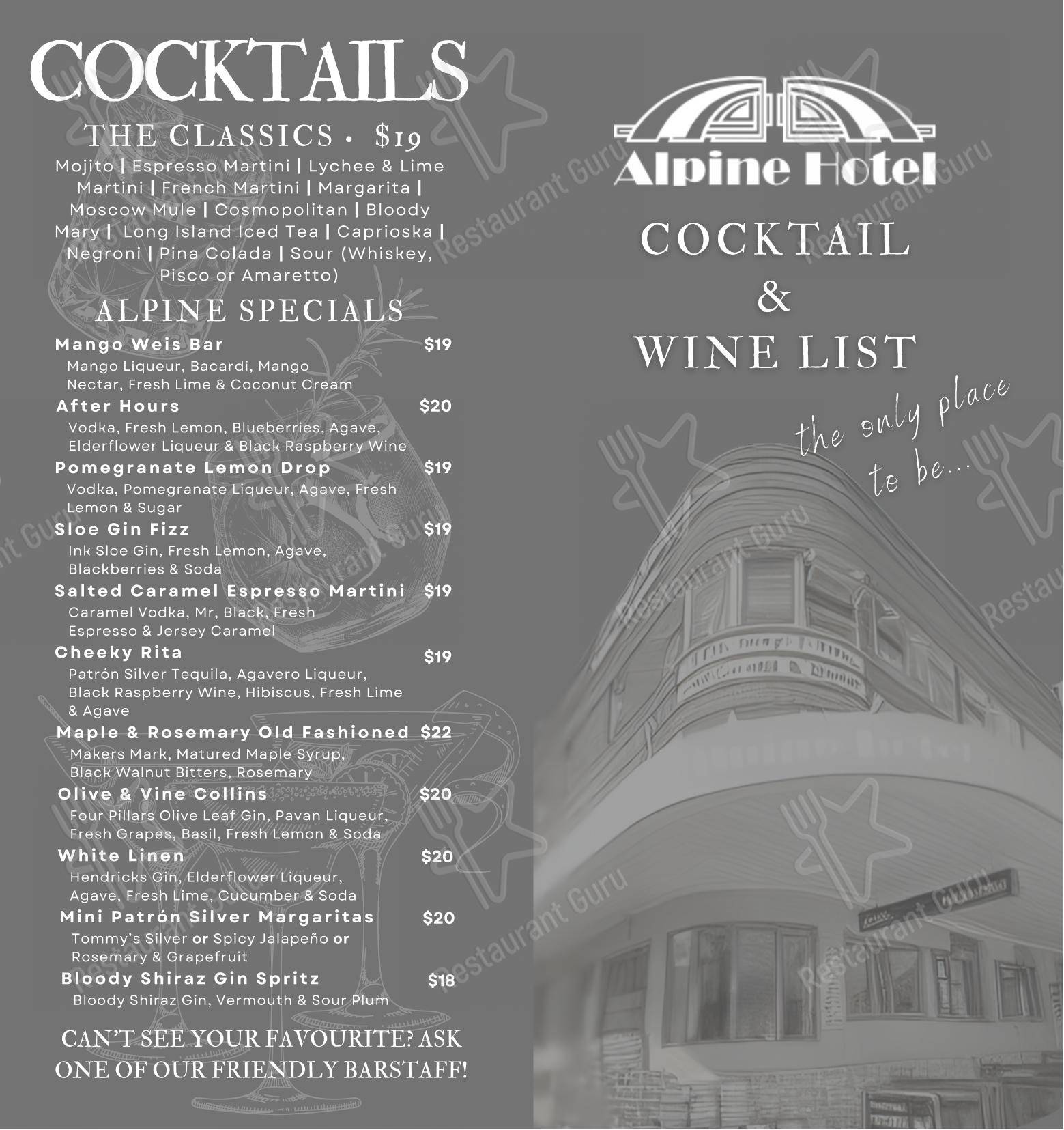 Menu at Alpine Hotel pub & bar, Cooma, 170 Sharp St