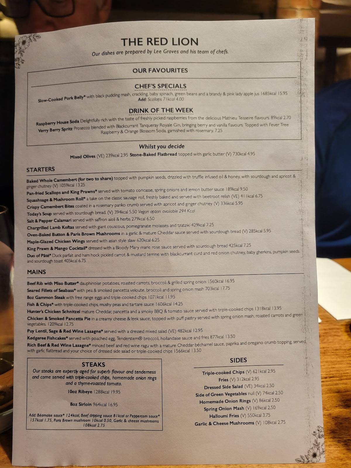 Menu at The Red Lion pub & bar, Birmingham, Red Lion St